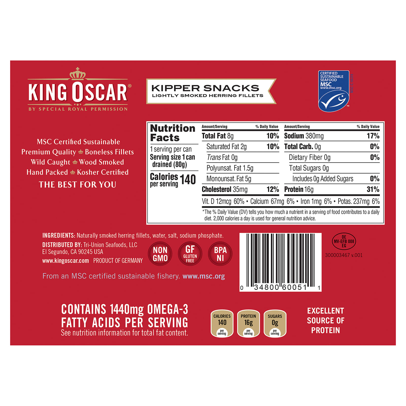 King Oscar, Kipper Snacks, Lightly Smoked Herring Fillets, 3.54 oz (100 g)