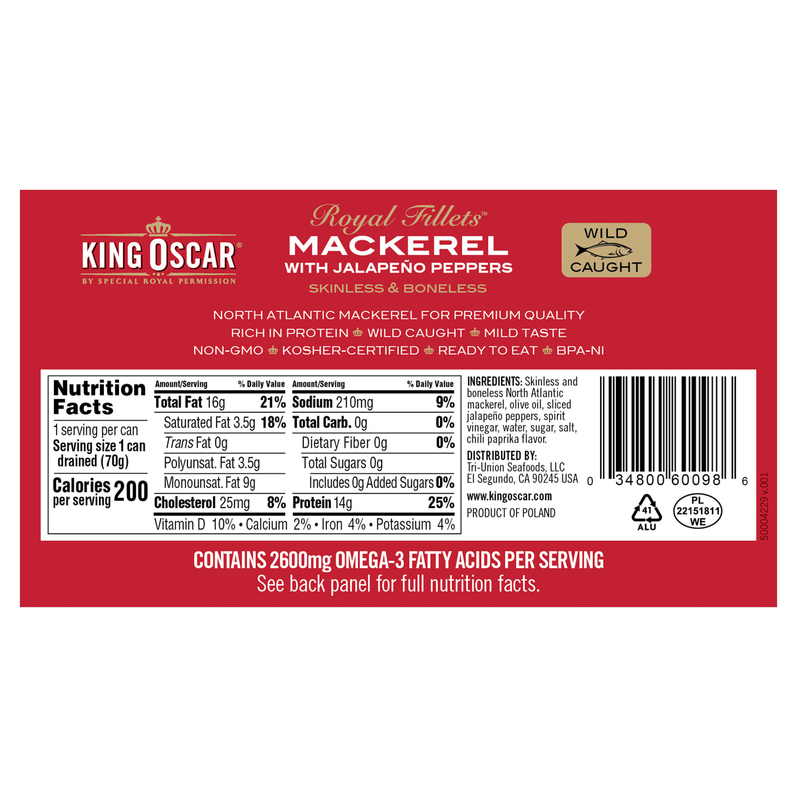 King Oscar, Royal Fillets（ロイヤルフィレ）、サバのオイル漬けハラペーニョ入り、115g（4.05オンス）