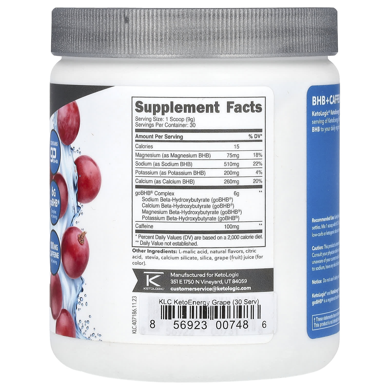 KetoLogic, Keto Energy, BHB + Caffeine, Grape, 9.1 oz (255 g)