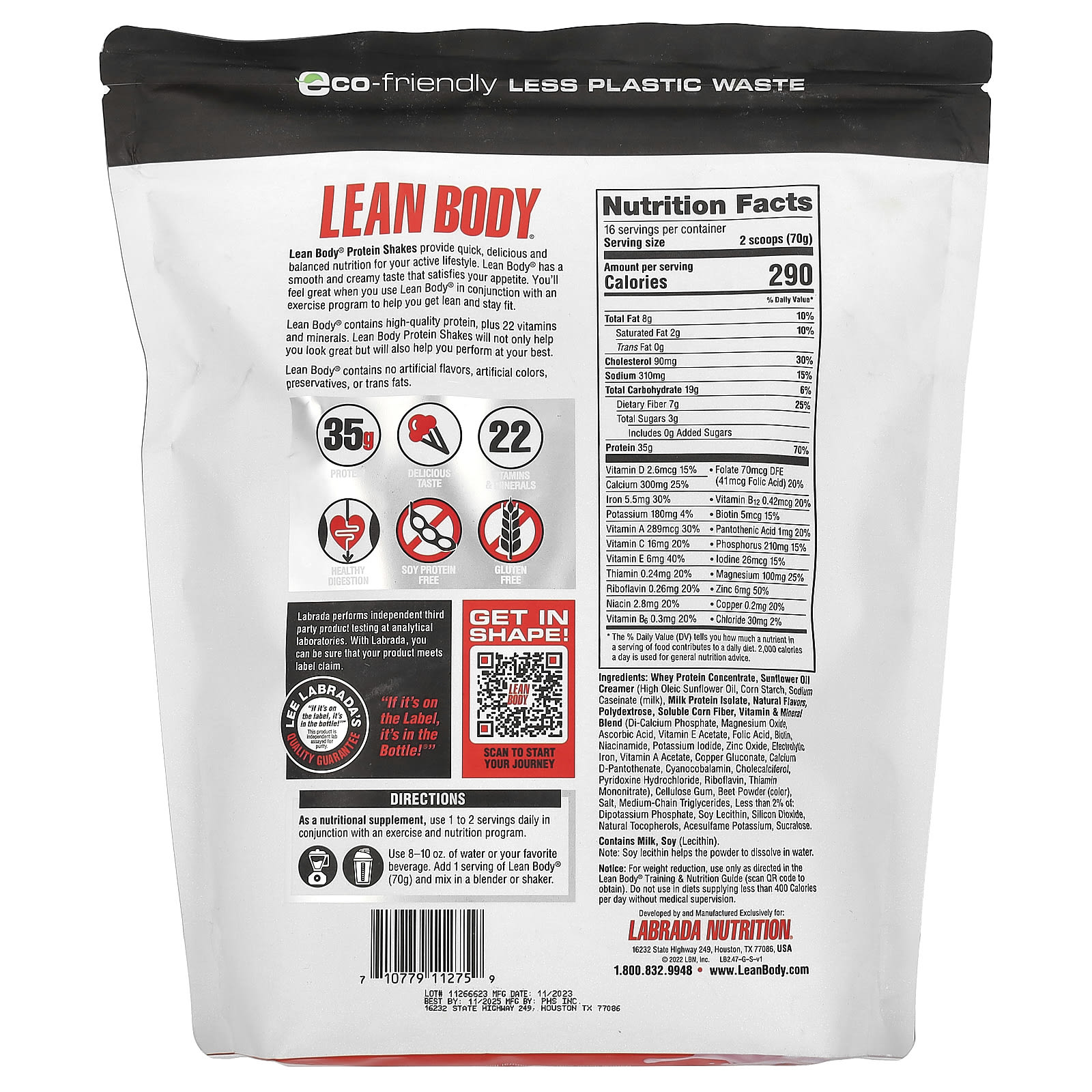 Labrada Nutrition, Lean Body, Protein Shake Drink Mix, Strawberry, 2.47 ...