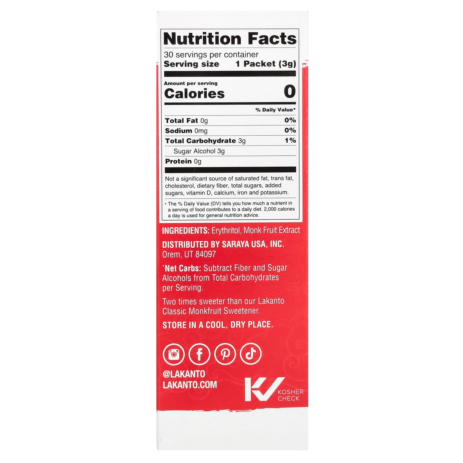 Lakanto, Monkfruit Sweetener with Erythritol, Classic, 30 Packets, 3.17 ...