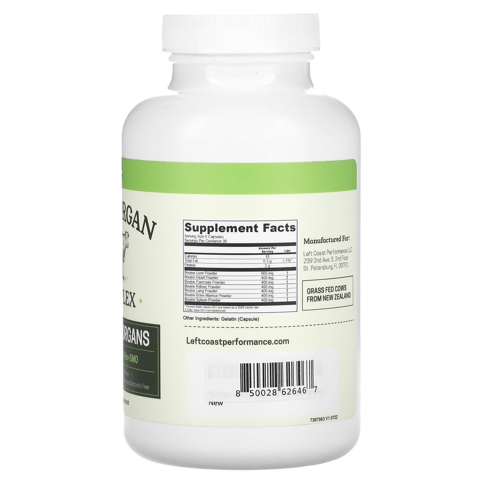 Left Coast Performance, Beef Organ Complex, 180 Capsules