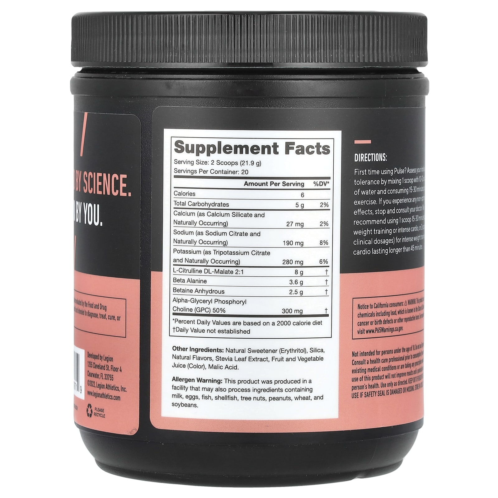 Legion Athletics, Pulse, Stim-Free Pre-Workout Drink, Fruit Punch, 0.97 ...