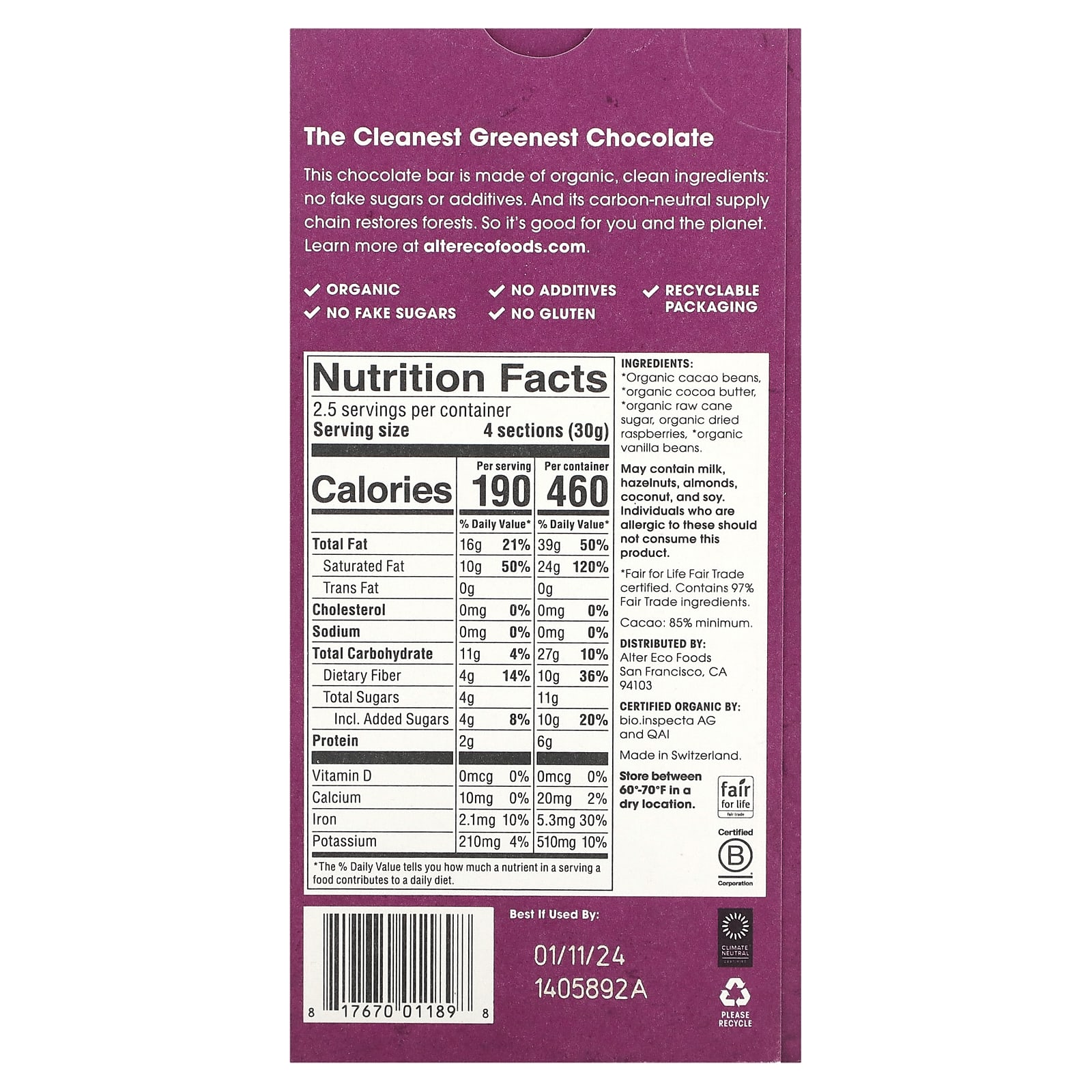 Alter Eco, Organic Dark Chocolate Bar, Raspberry Blackout, 85% Cacao, 2 ...