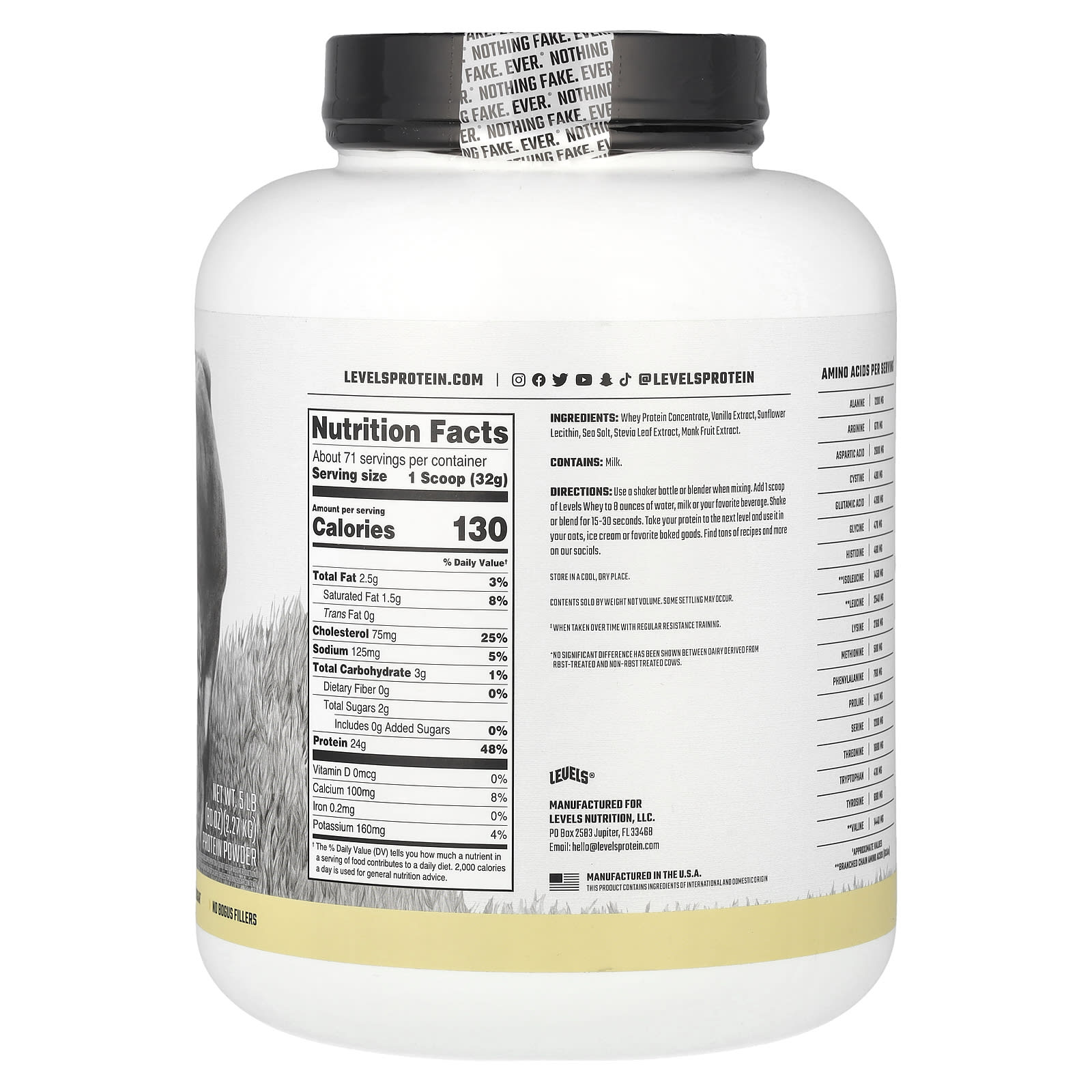 Levels, Grass Fed Whey Protein Powder, Vanilla Bean, 5 lb (2.27 kg)