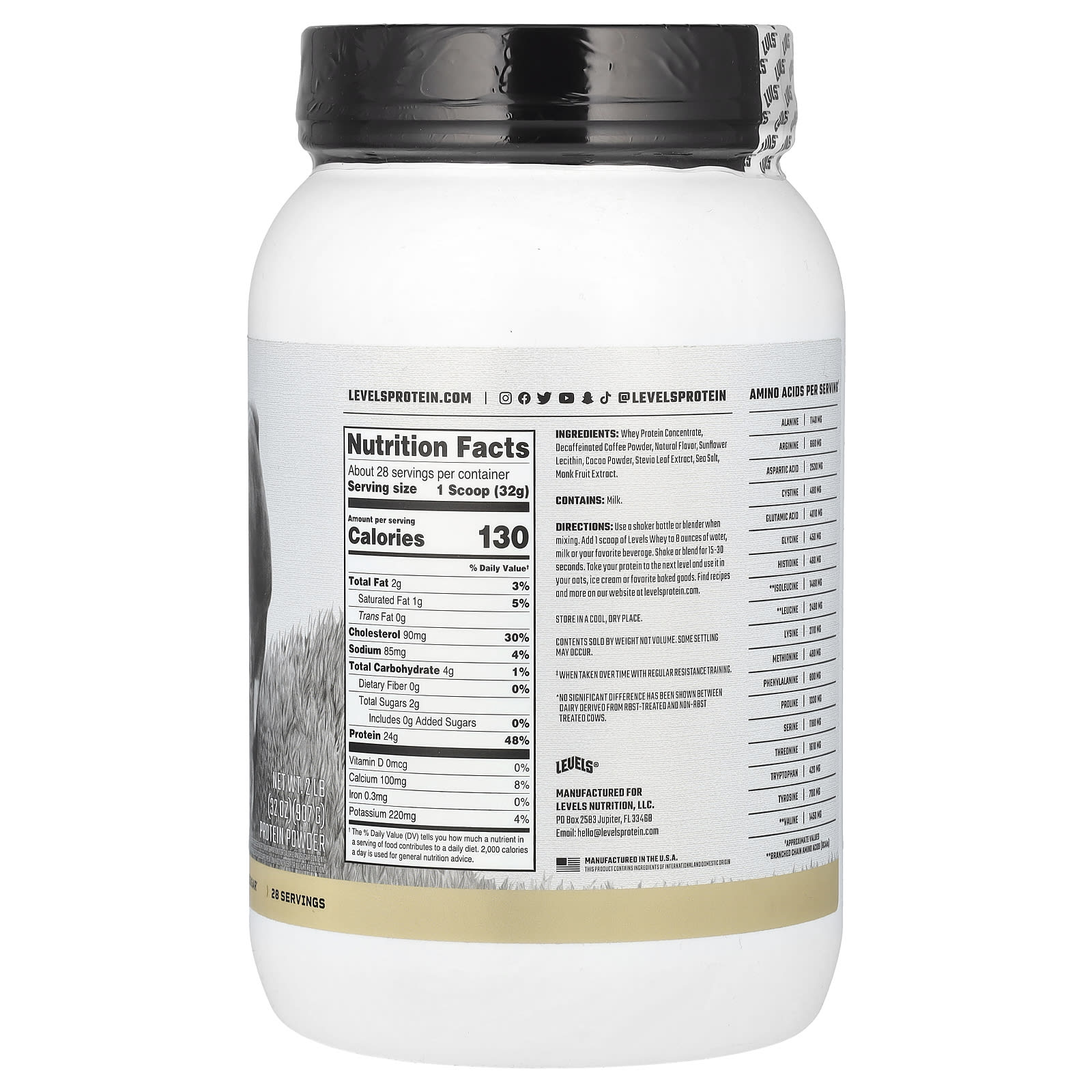 Levels, Grass Fed Whey Protein Powder, Cappuccino, 2 lb (907 g)