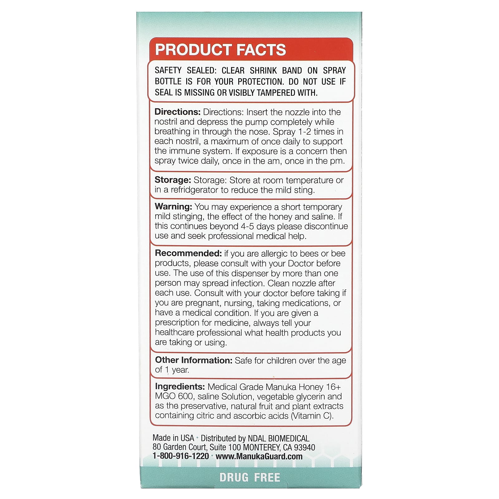 ManukaGuard, Medical Grade Manuka Honey, Immune Guard Nasal Spray, 1.35 ...