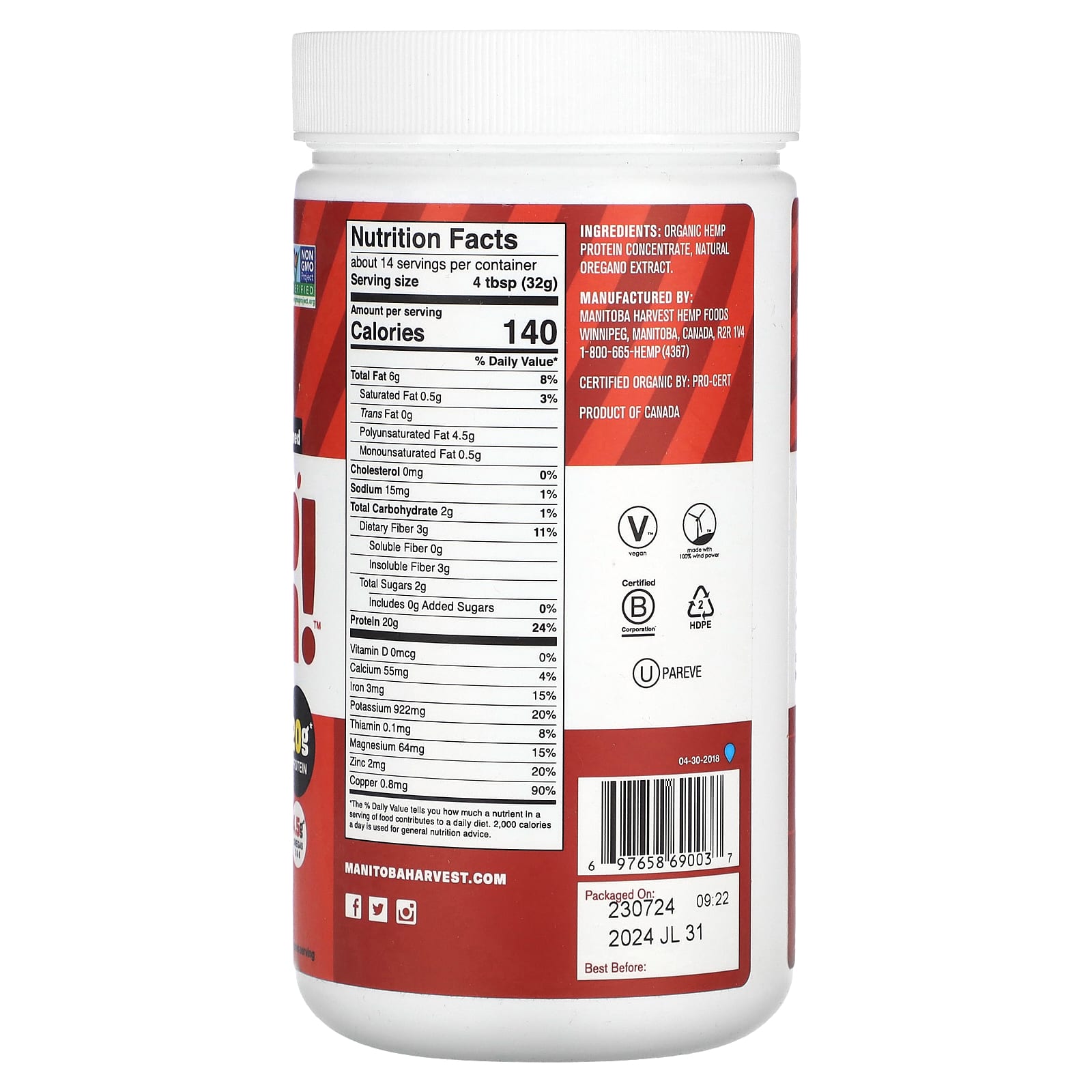 Manitoba Harvest, Organic Hemp Yeah!, Max Protein Powder, Unsweetened ...