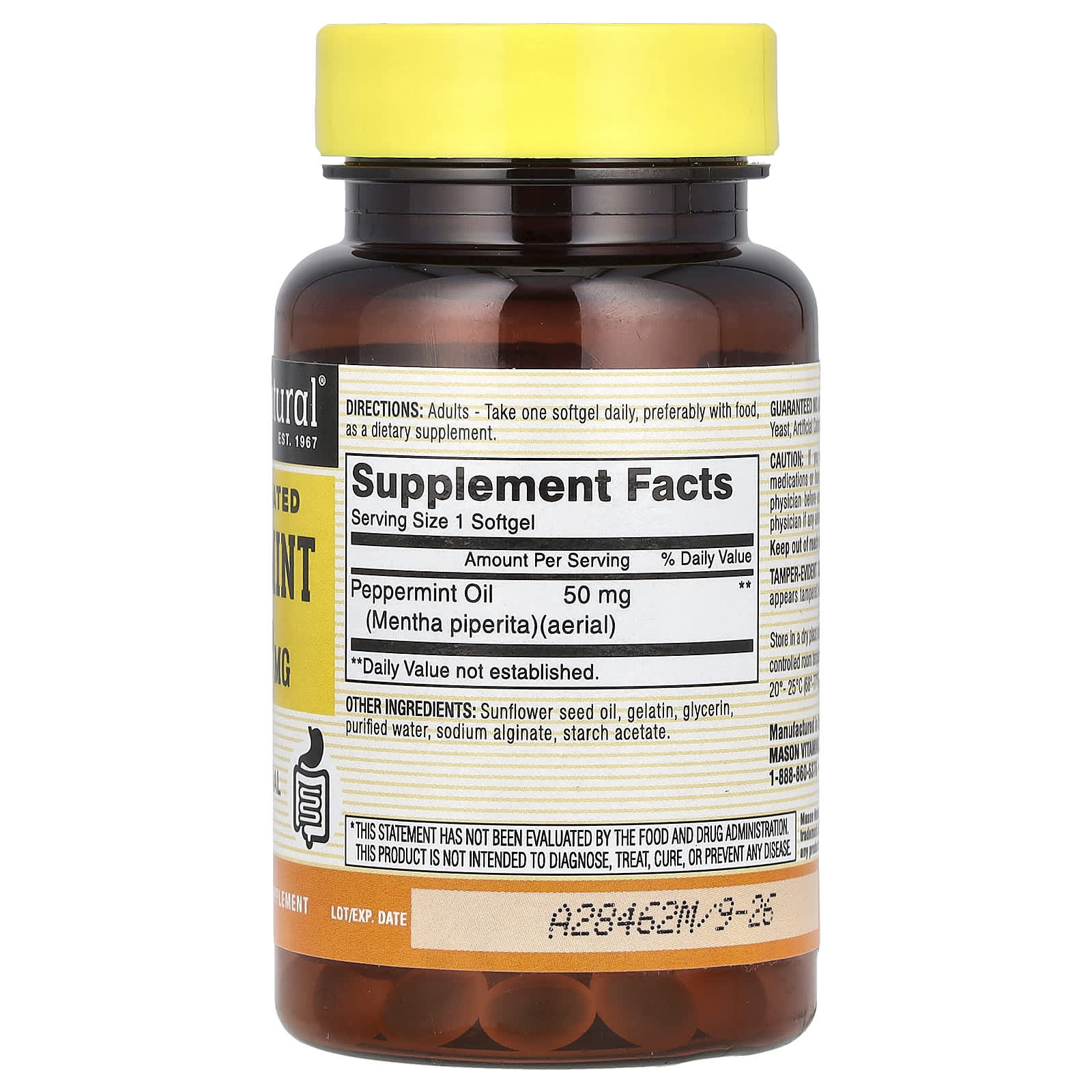 Mason Natural, Peppermint Oil, Enteric Coated, 50 mg, 90 Softgels