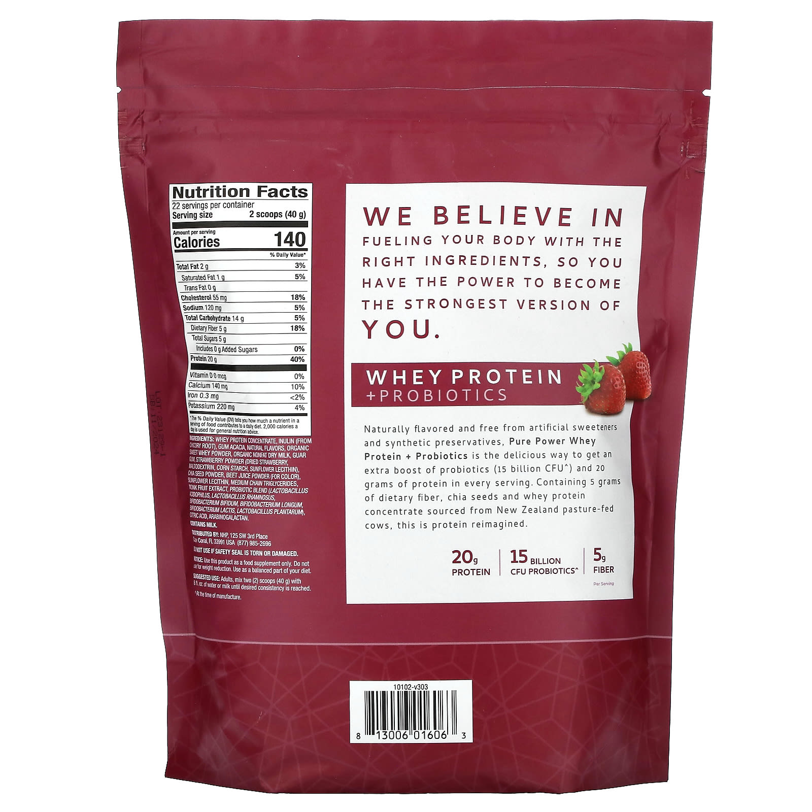 Dr. Mercola, Pure Power, Whey Protein + Probiotics, Strawberry, 1 lb 15 ...