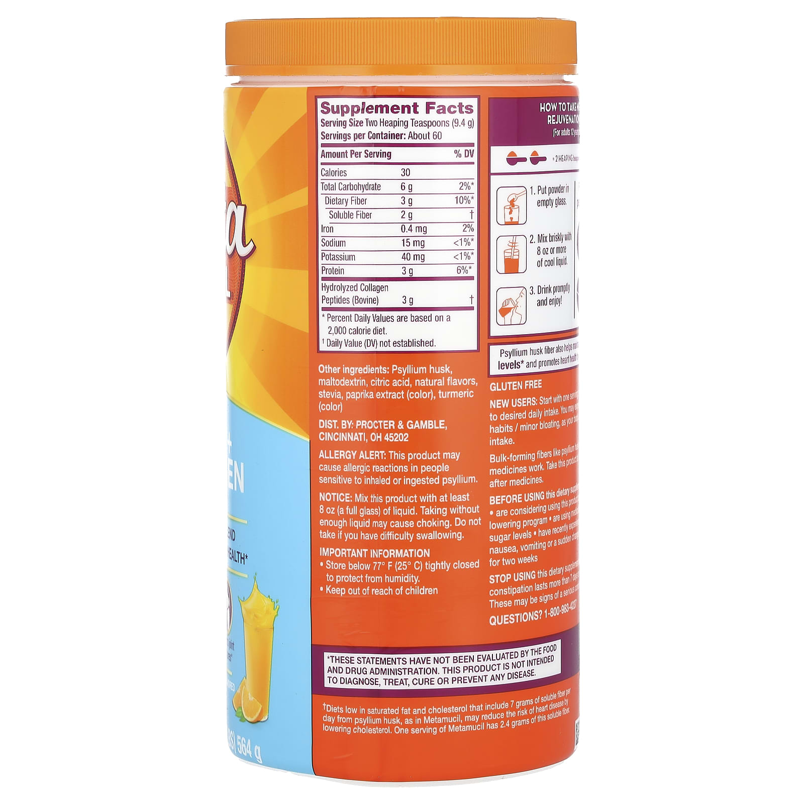 Metamucil, Fiber + Collagen Peptides, Ultra Smooth Orange, 19.9 oz (564 g)