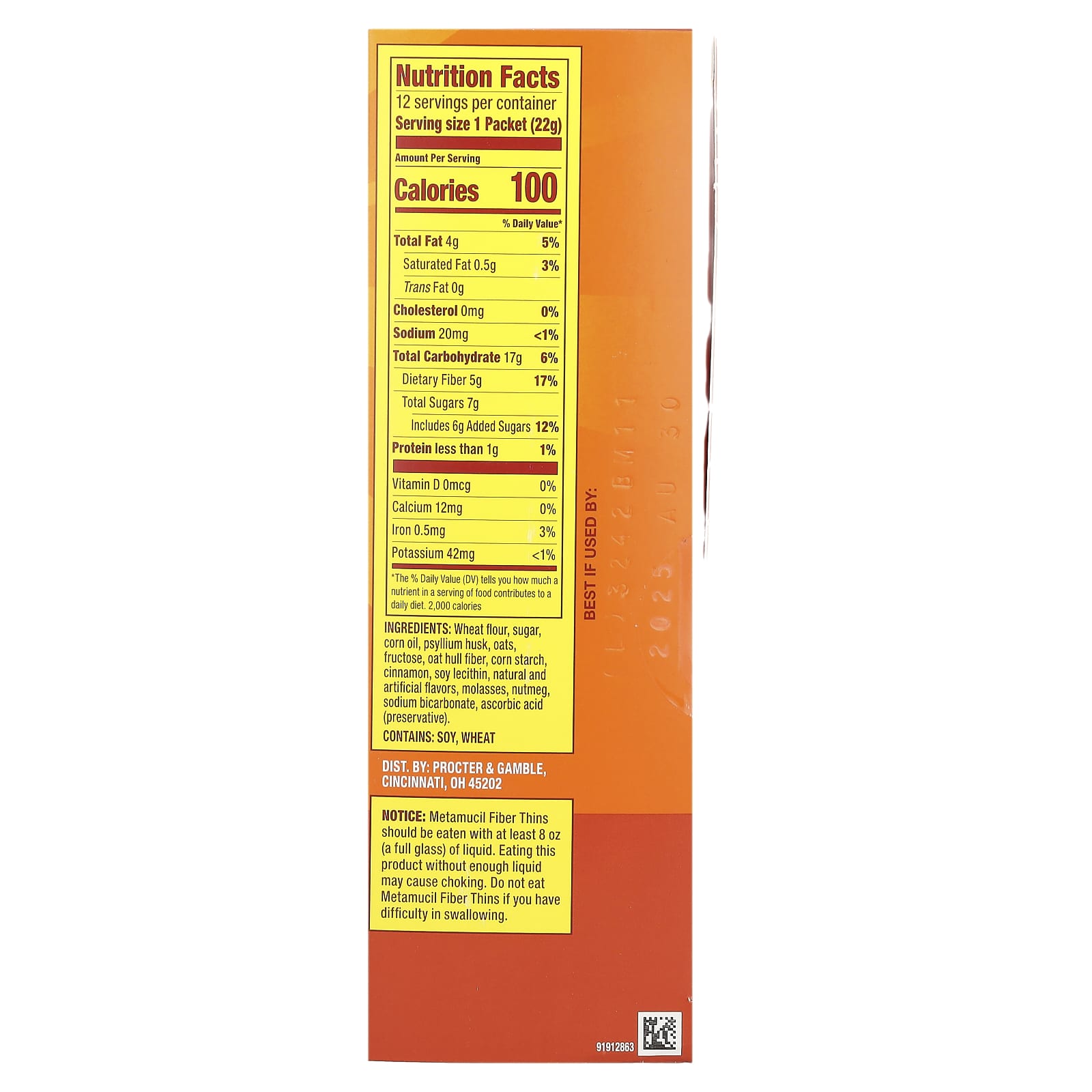 Metamucil, Fiber Thins, Cinnamon Spice, 12 Packets, 0.77 oz (22 g) Each