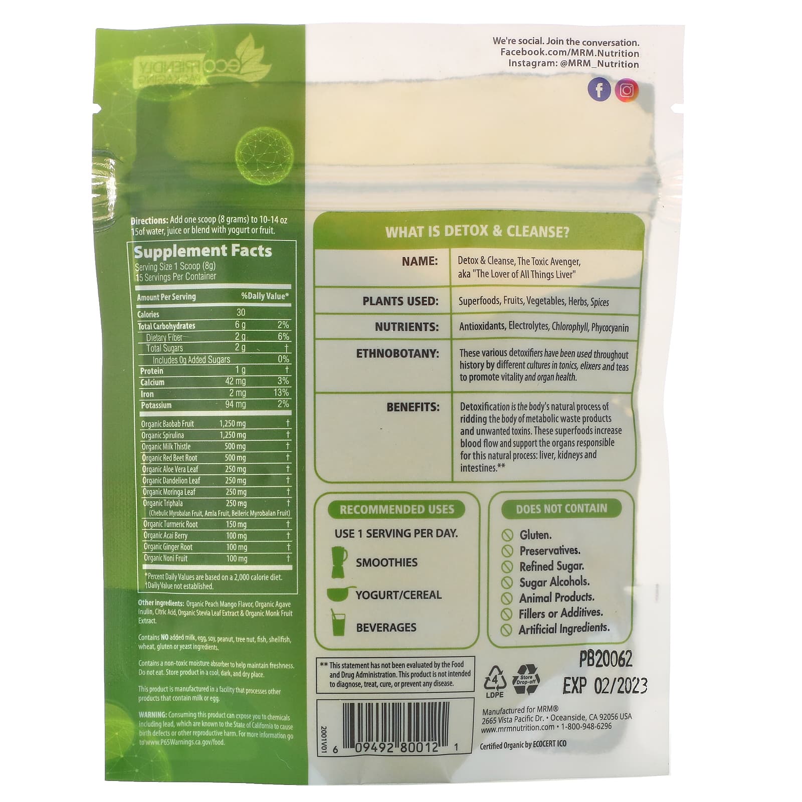 MRM Nutrition, Organic Detox & Cleanse Powder, Peach Mango, 4.2 oz (120 g)