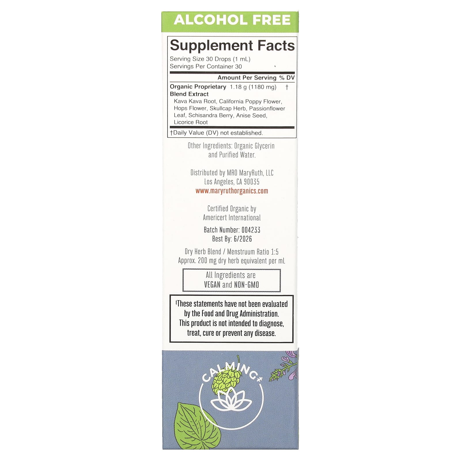 MaryRuth's, Organic Calming Kava Liquid Extract, Alcohol Free, 1,180 mg ...