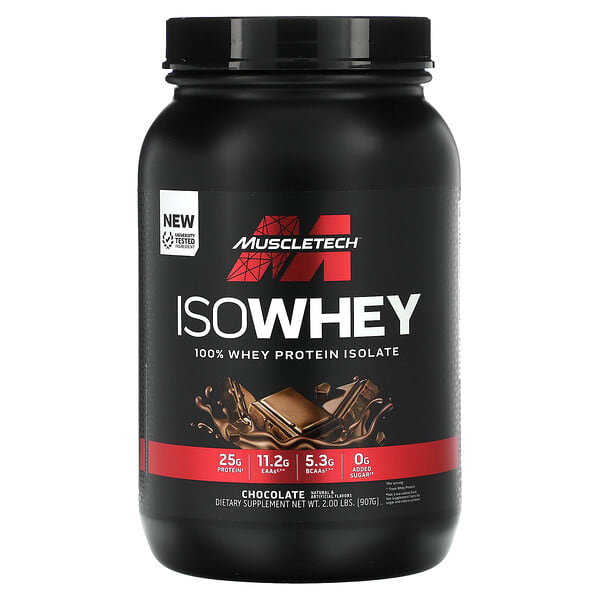 MuscleTech, IsoWhey（アイソホエイ）、100％ホエイプロテインアイソレート、チョコレート、907g（2ポンド）