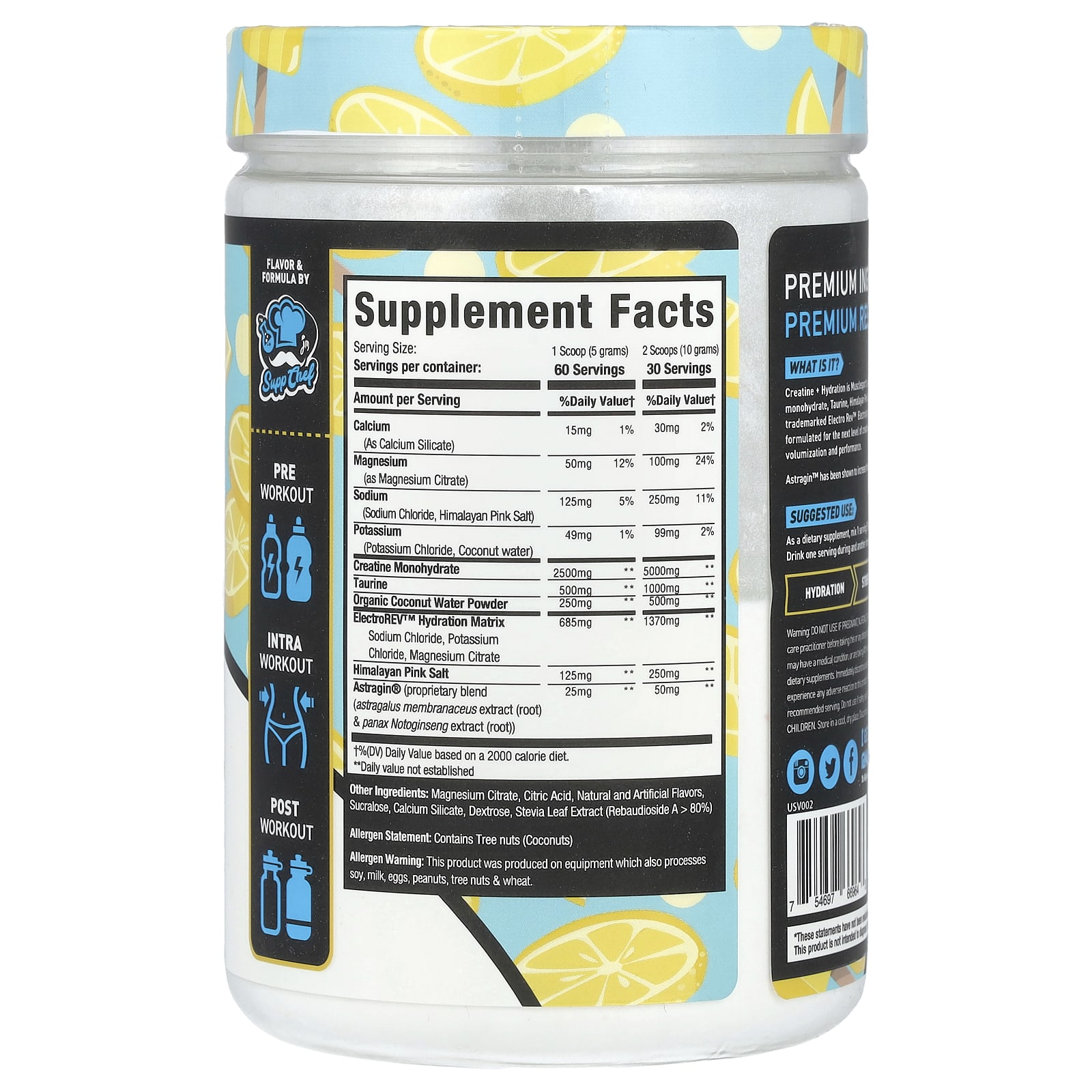 MuscleSport, Creatine + Hydration, Lemon Italian Ice, 10.58 oz (300 g)