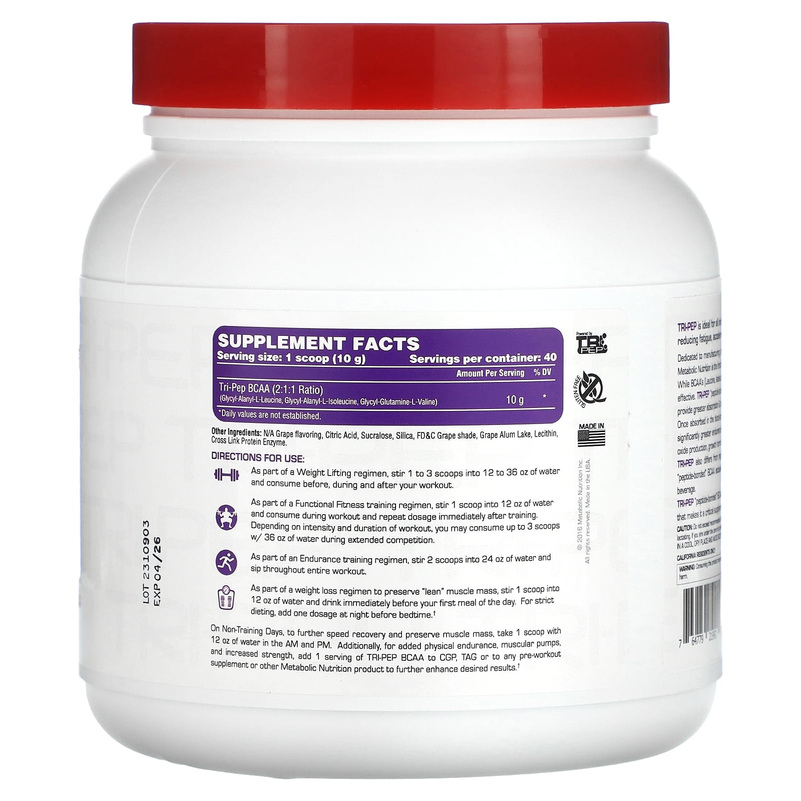 Metabolic Nutrition, Tri-Pep, Branch Chain Amino Acid, Grape, 14.1 oz ...