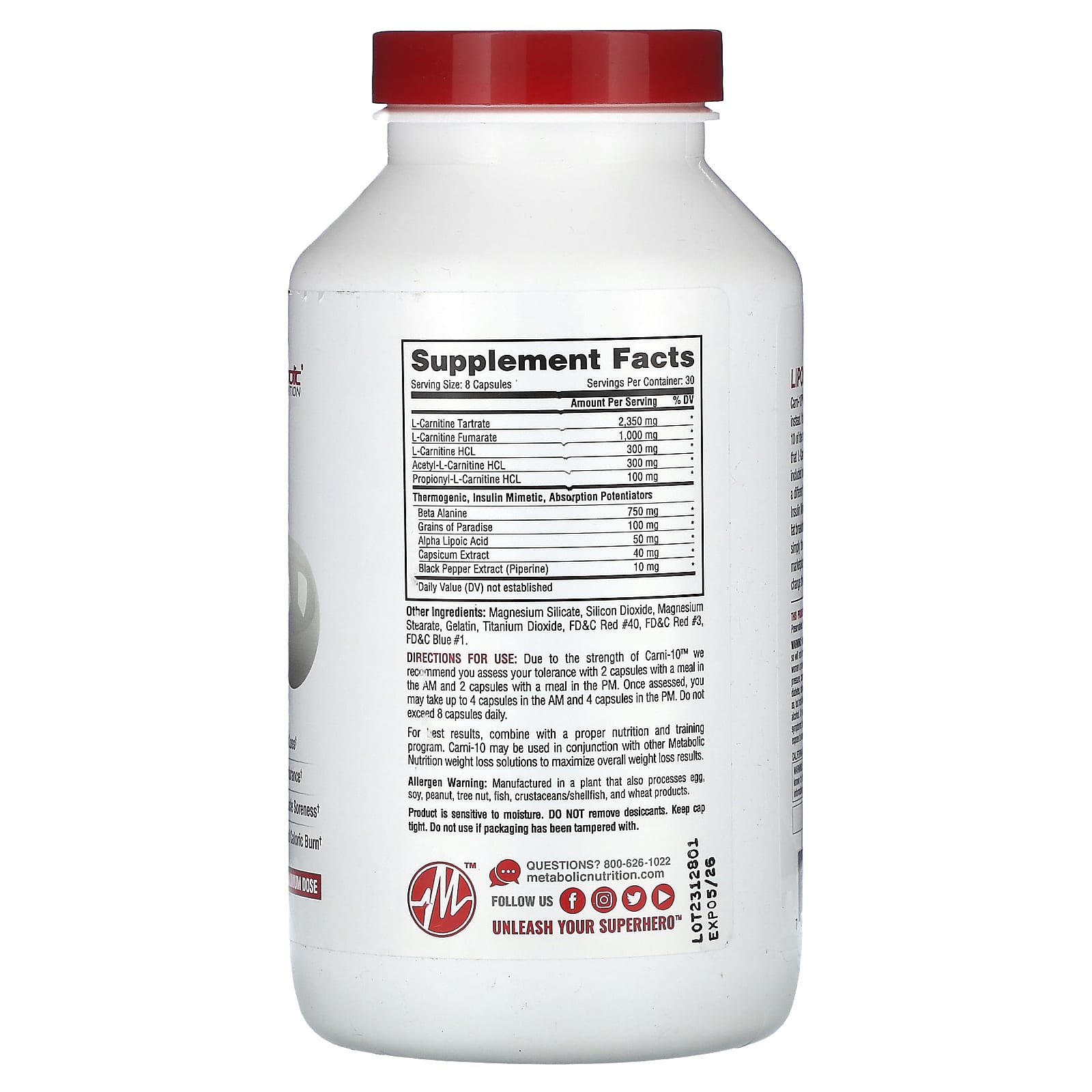 Metabolic Nutrition, Carni-10, 5,000 mg, 240 Capsules (625 mg per Capsule)