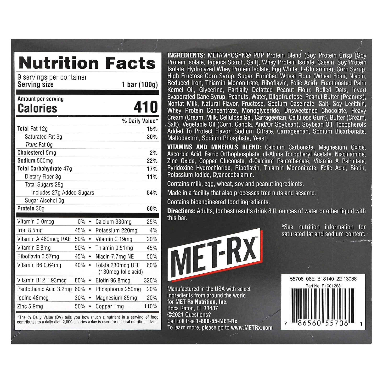 MET-Rx, Big 100, Meal Replacement Bar, Peanut Butter Pretzel, 9 Bars, 3 ...
