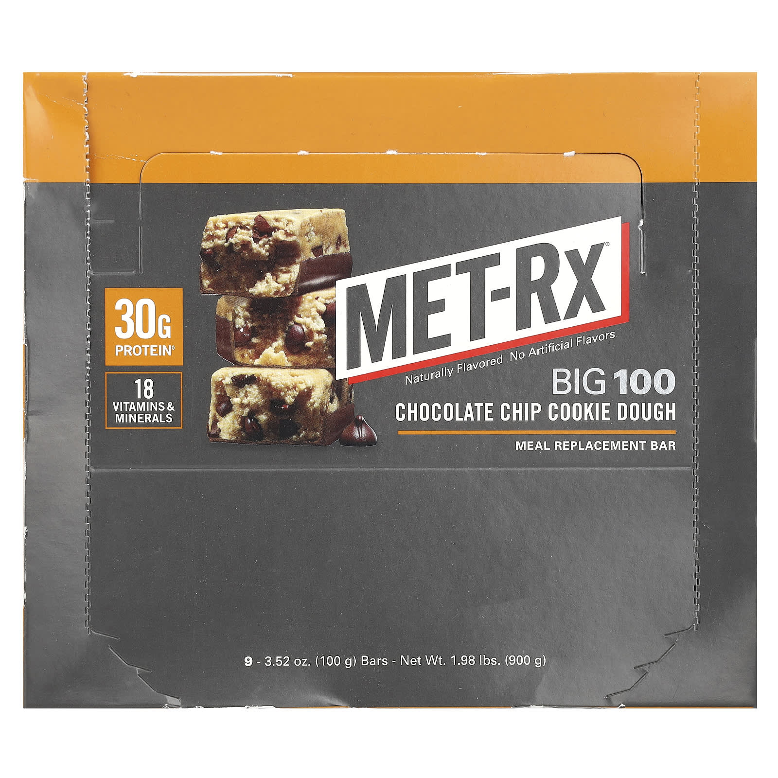 MET-Rx, Big 100, Meal Replacement Bar, Chocolate Chip Cookie Dough, 9 ...