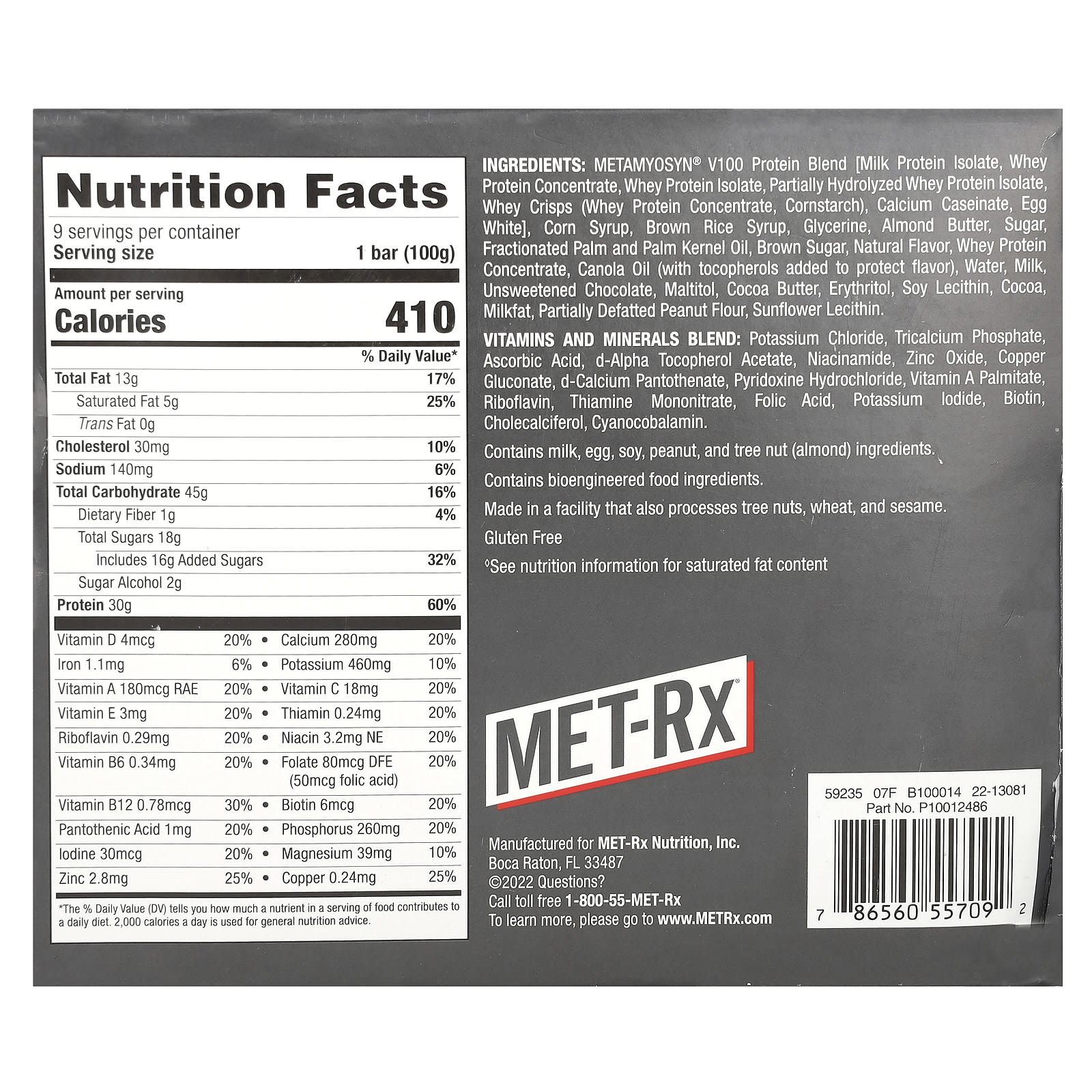 MET-Rx, Big 100, Meal Replacement Bar, Chocolate Chip Cookie Dough, 9 ...