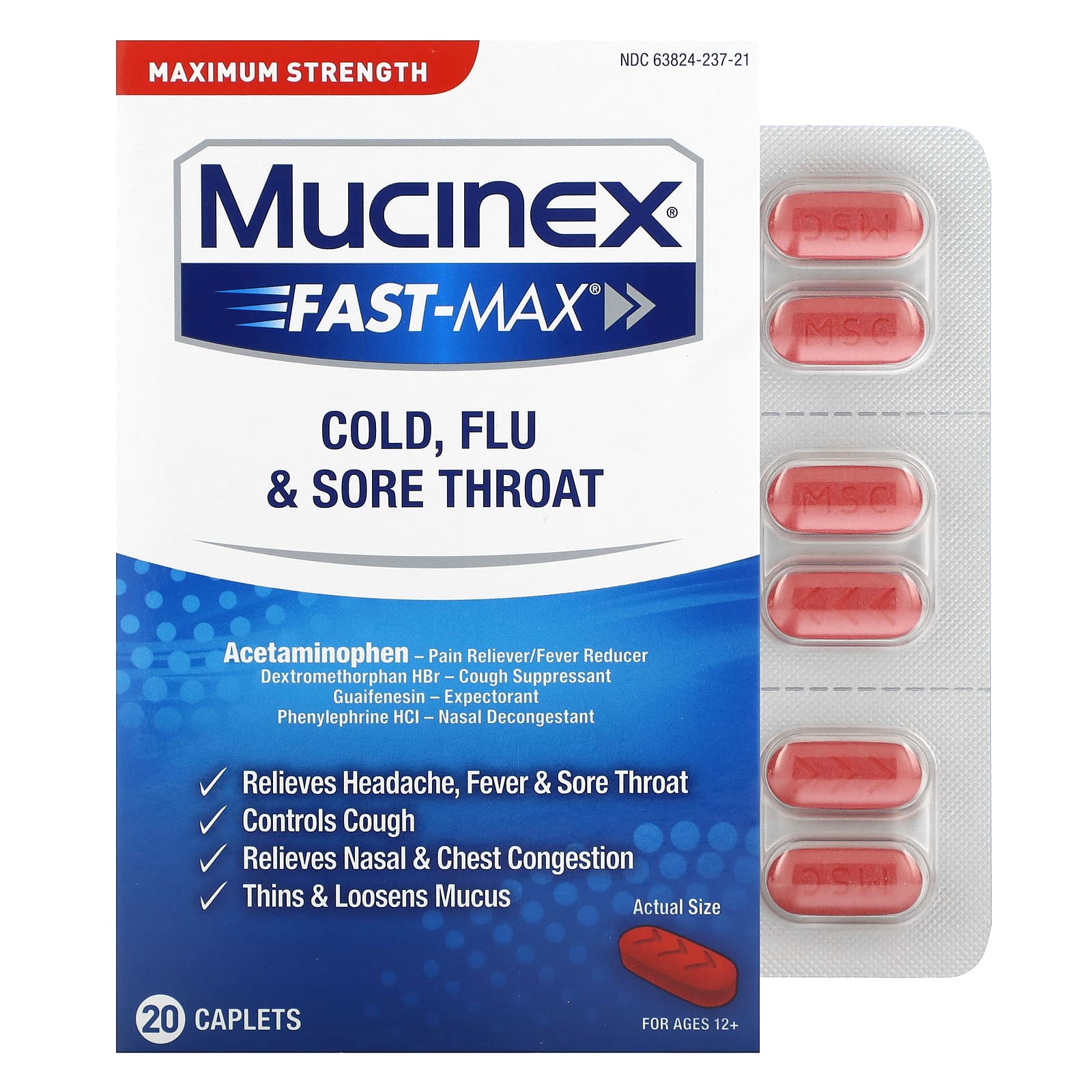 Mucinex, Fast-Max Cold, Flue & Sore Throat, Maximum Strength, For Ages ...