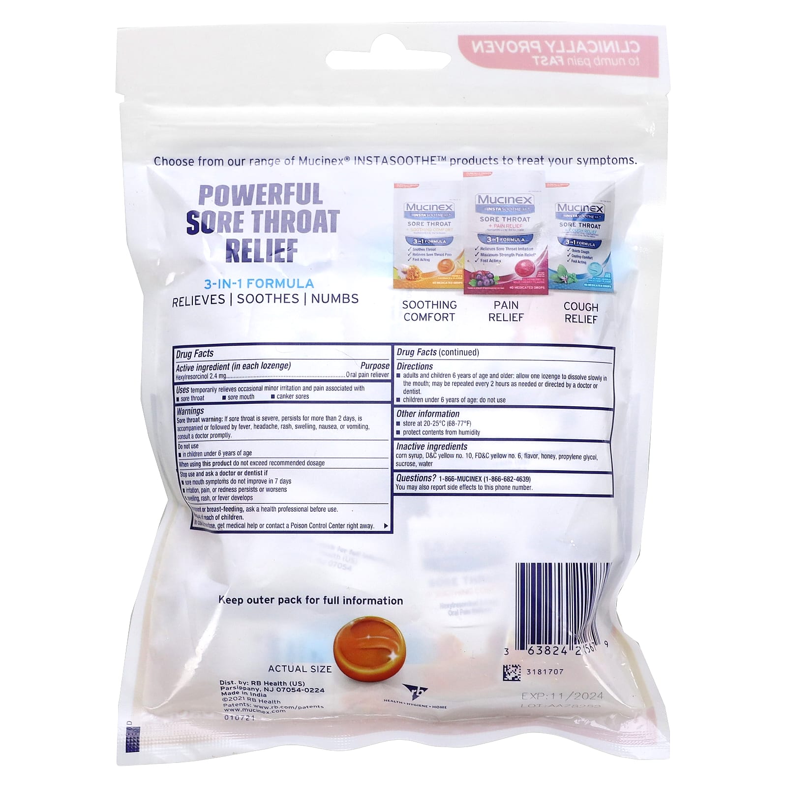 Mucinex, InstaSoothe, Sore Throat + Soothing Comfort, Honey & Echinacea ... Mucinex, InstaSoothe, Sore Throat + Soothing Comfort, Honey & Echinacea ...