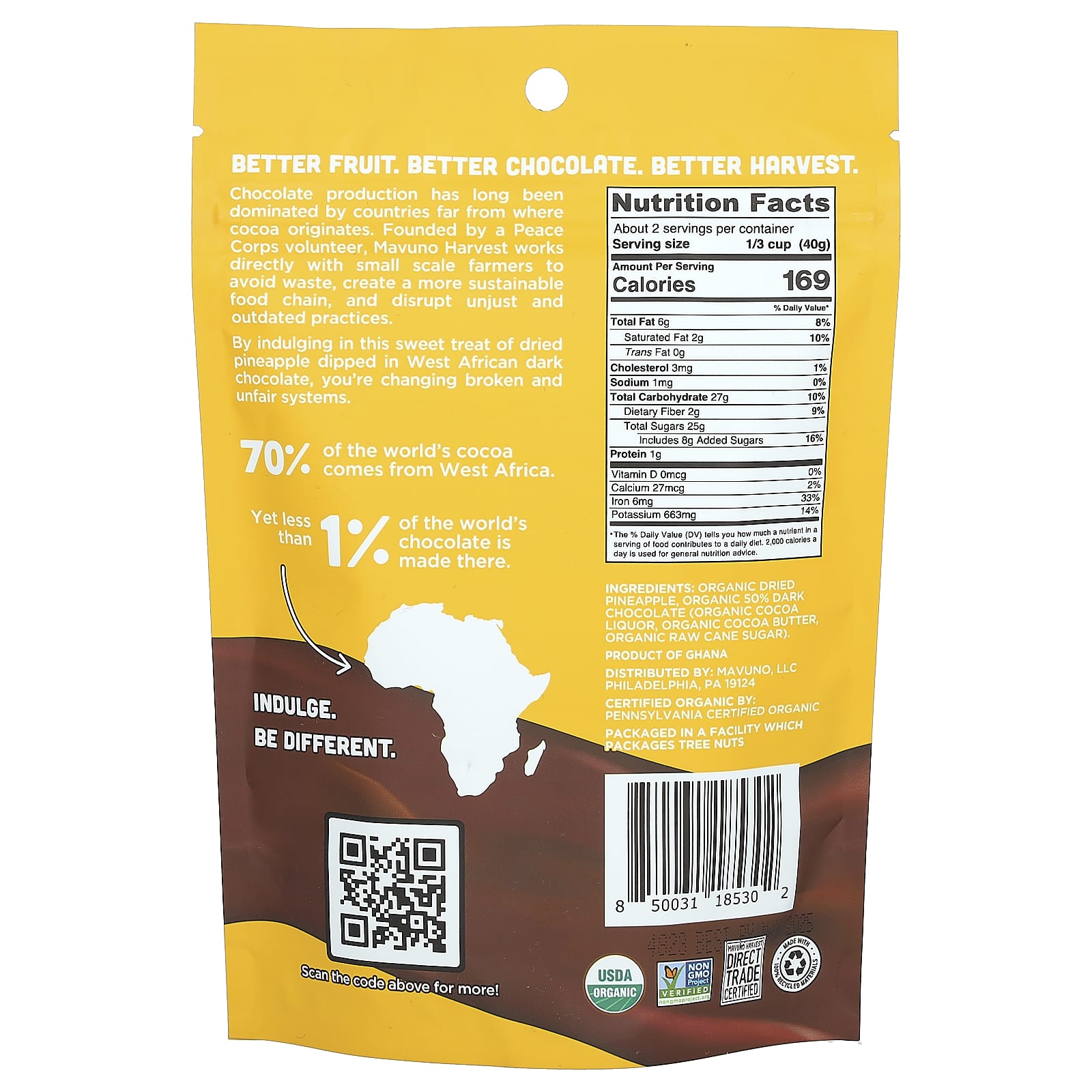 Mavuno Harvest, Dried Organic Pineapple, Dark Chocolate Dipped, 3 oz (84 g)