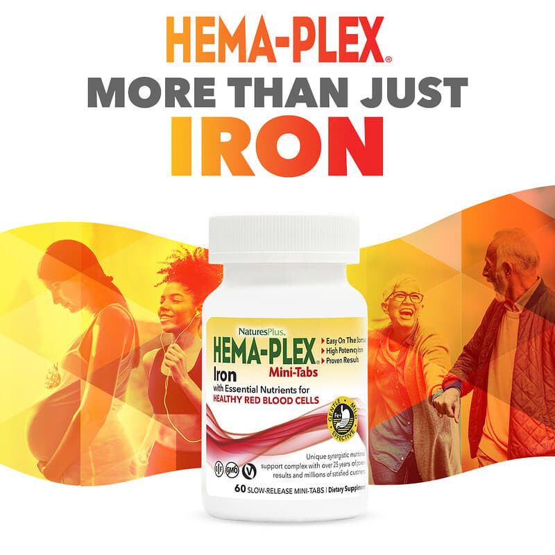 NaturesPlus, Hema-Plex（ヘマプレックス）、鉄＋必須栄養素、持続放出性ミニタブレット60粒