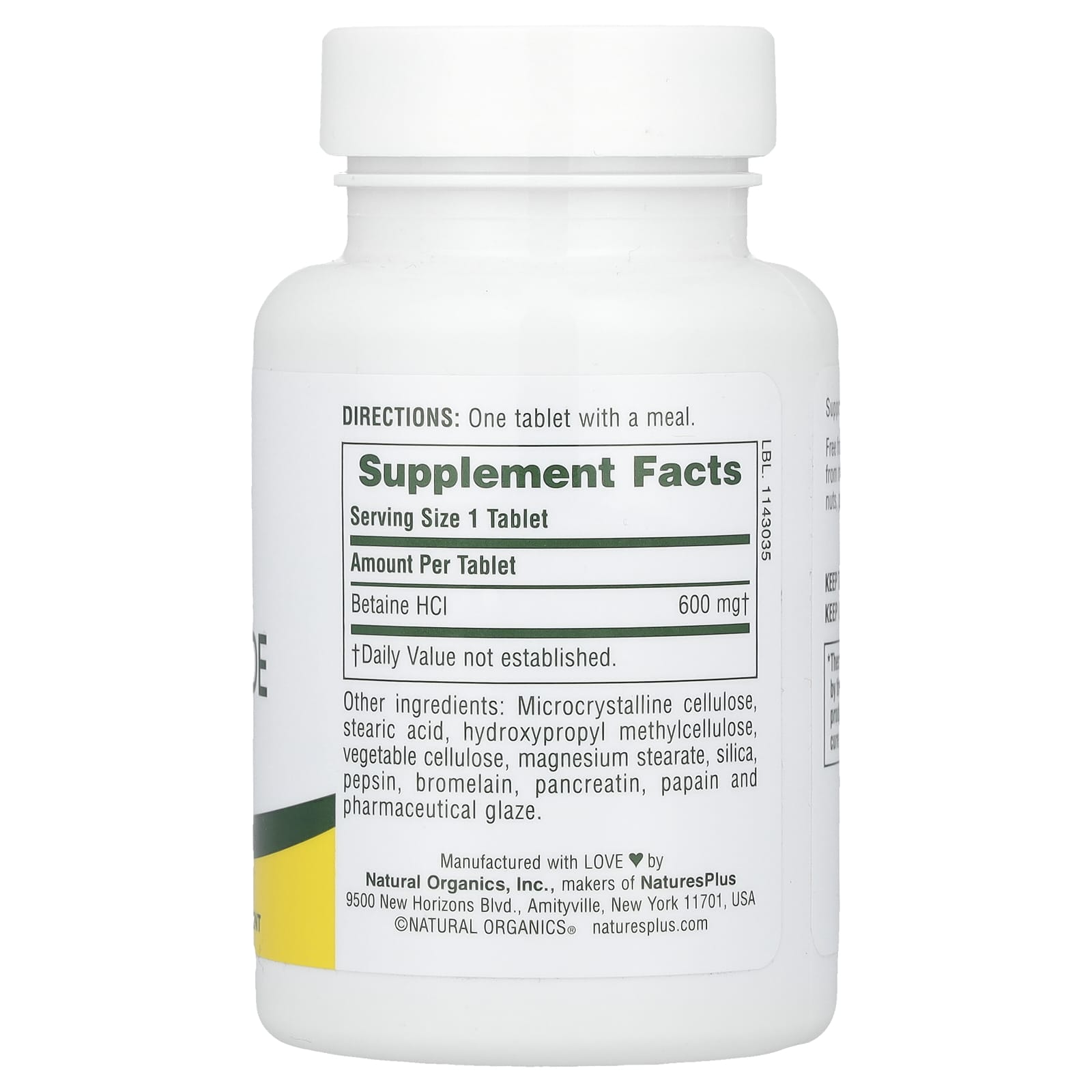 NaturesPlus, Betaine Hydrochloride, 600 mg, 90 Tablets