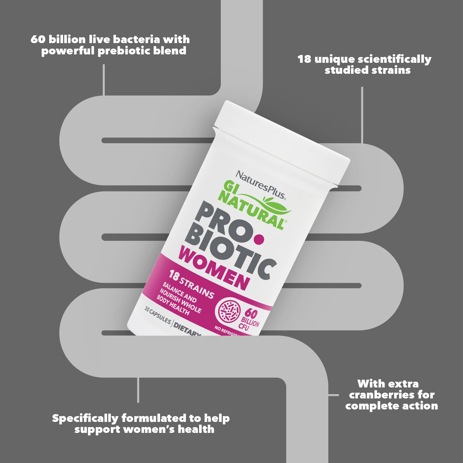 NaturesPlus, GI Natural Probiotic Women, 60 Billion CFU, 30 Capsules