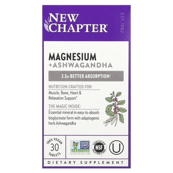 New Chapter, Magnesium + Ashwagandha, 30 Vegan Tablets