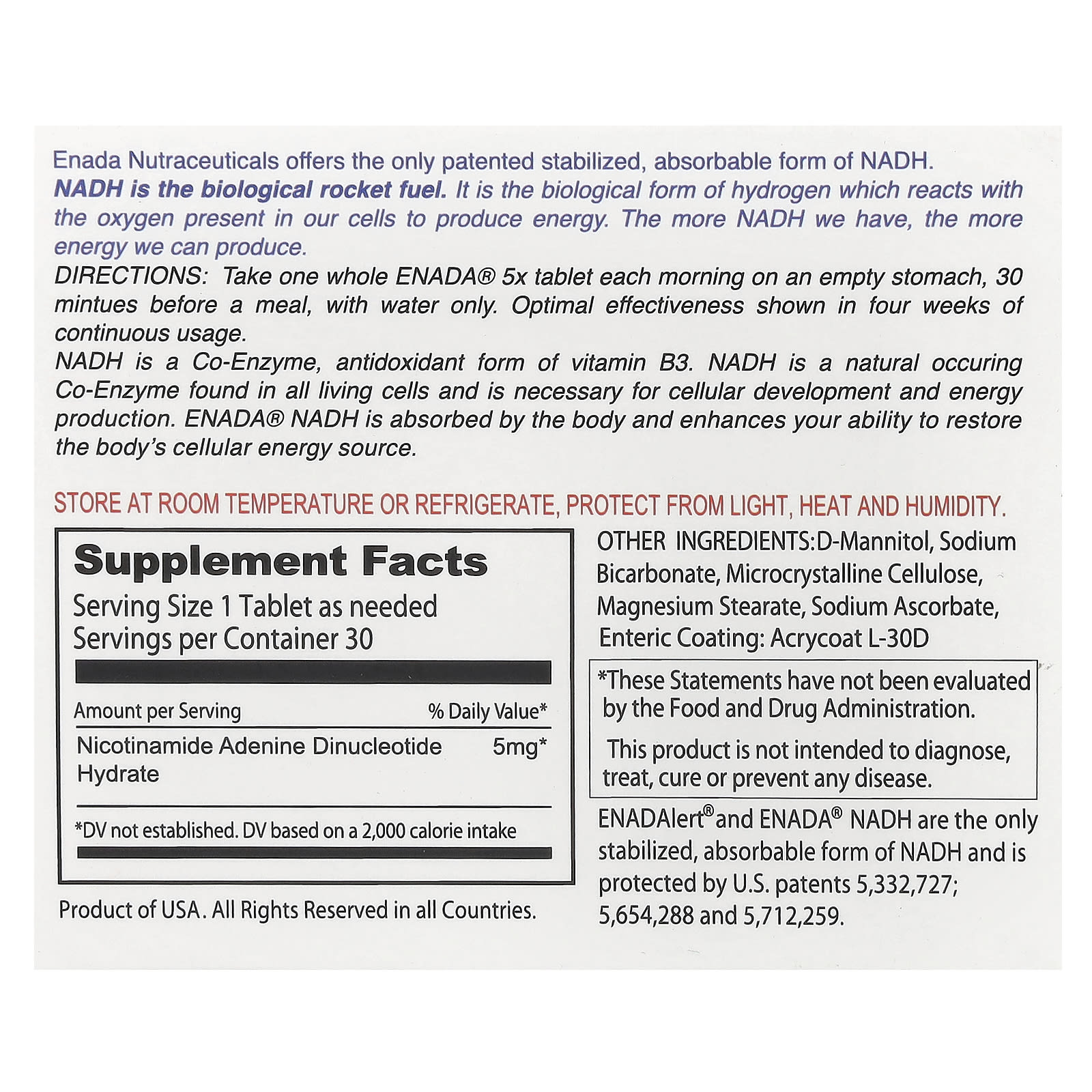 ENADA, NADH 5x, 5 mg, 30 Tablets