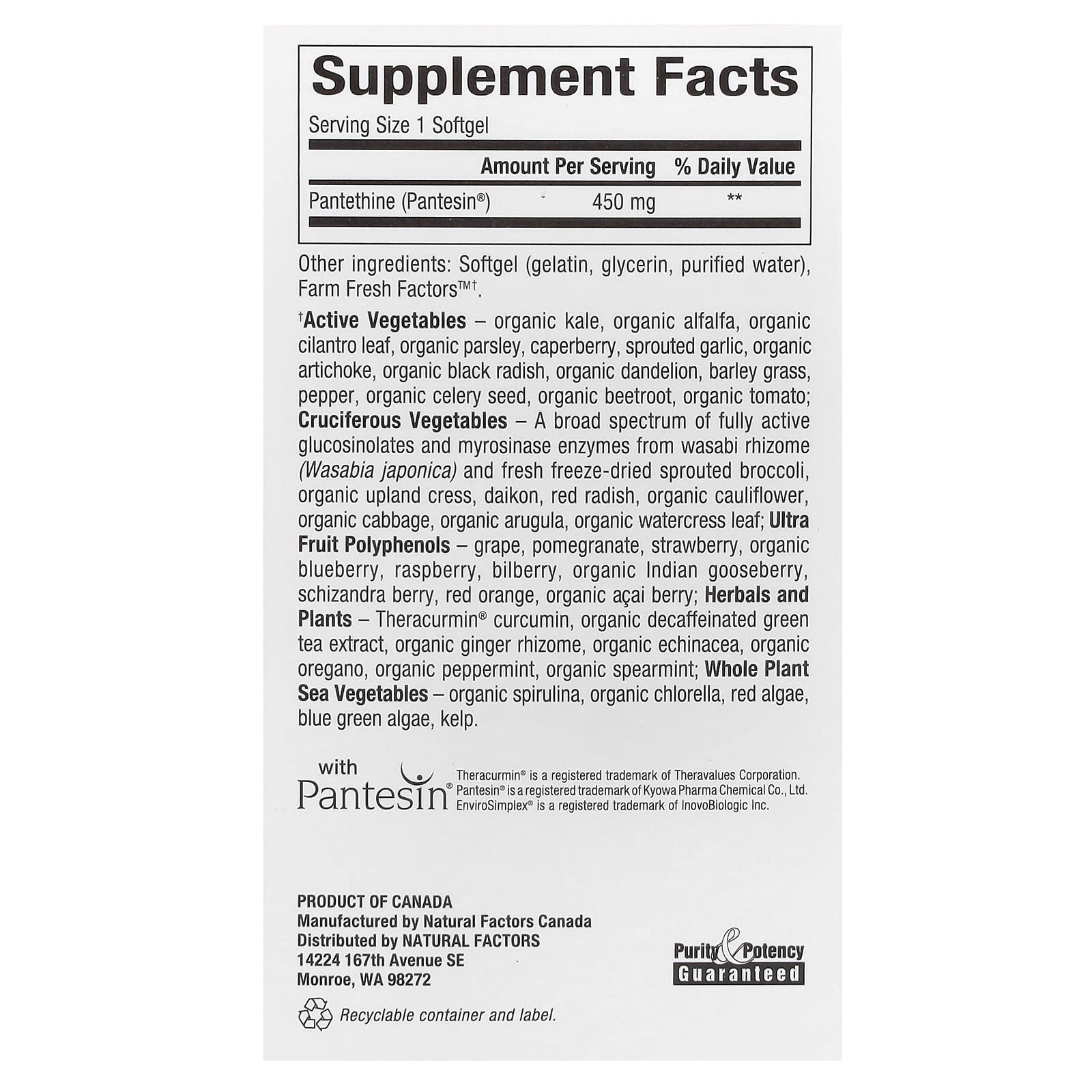 Natural Factors, BioCoenzymated, B5, Pantethine, 450 mg, 60 Softgels