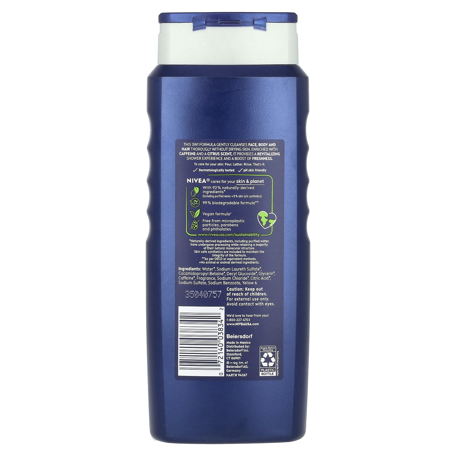 Nivea, Men, Boost 3-In-1 Body Wash, Citrus Scent + Caffeine, 16.9 fl oz (500 ml)