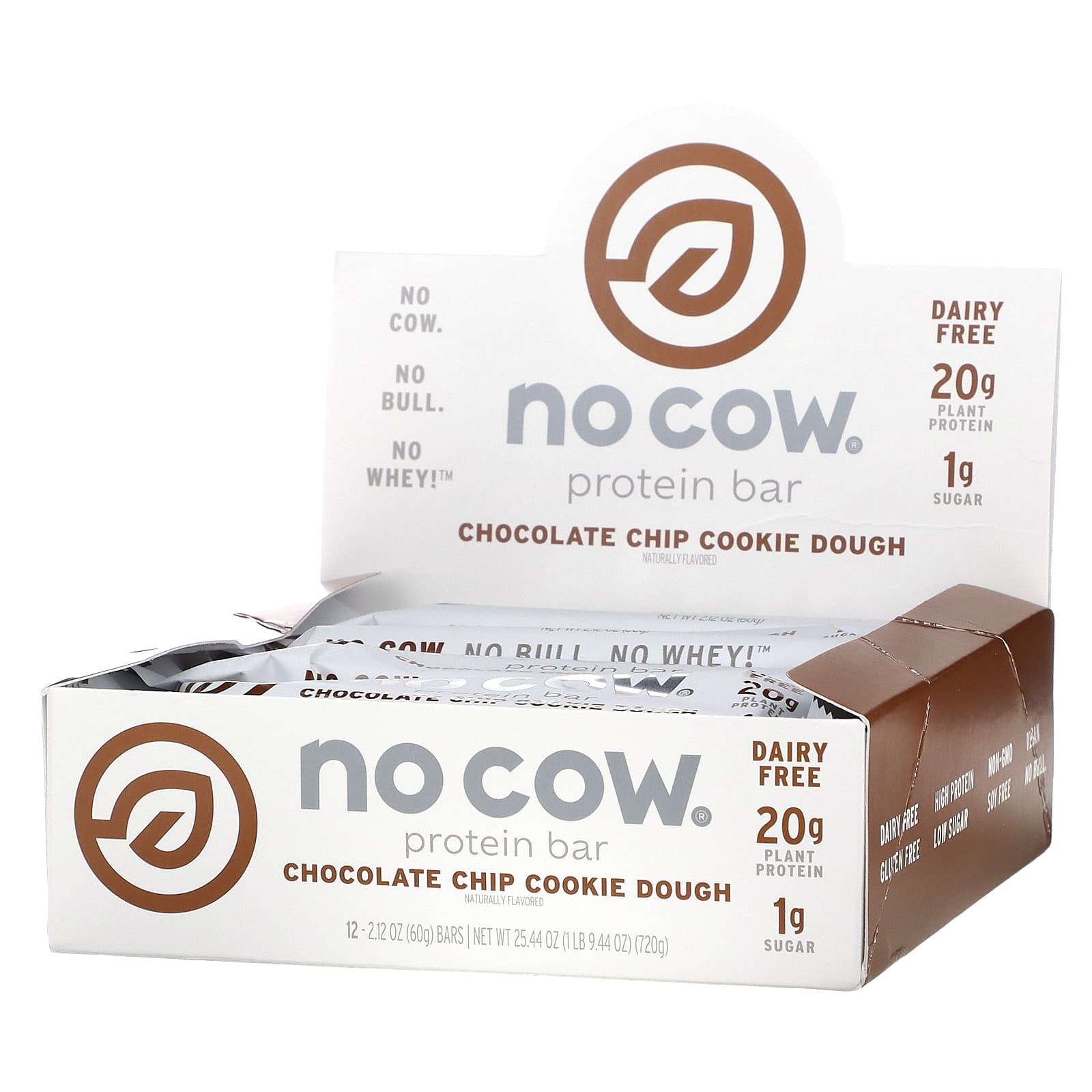No Cow, Protein Bar, Chocolate Chip Cookie Dough, 12 Bars, 2.12 oz (60 ...