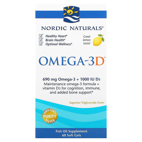 Nordic Naturals, Omega-3D, Limón, 1000 mg, 60 Cápsulas Blandas