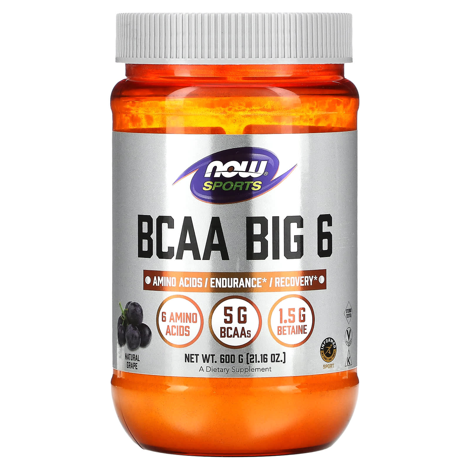NOW Foods‏, Sports, BCAA Big 6, Natural Grape Flavor, 21.16 oz (600 g)