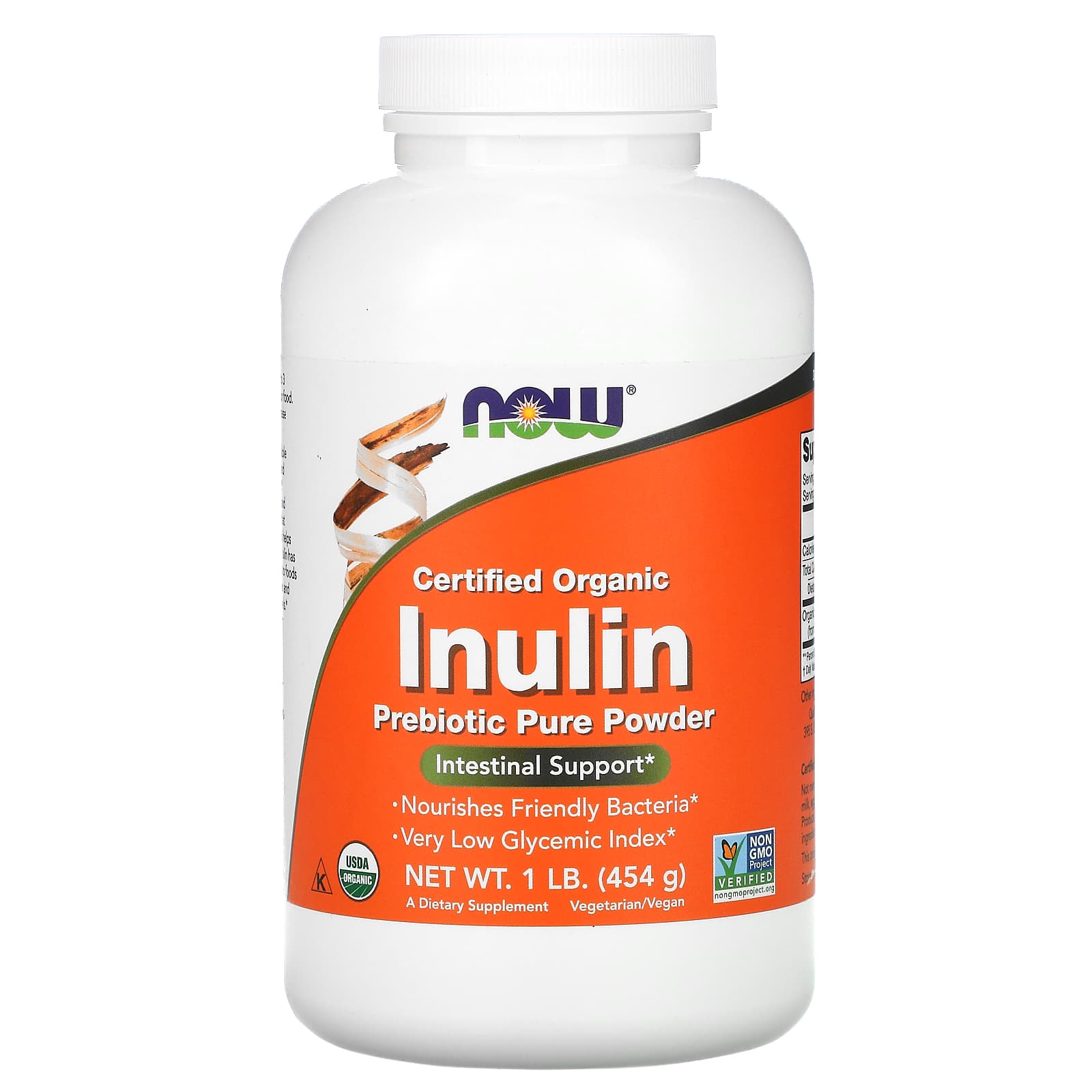 NOW Foods, Certified Organic Inulin, Prebiotic Pure Powder, 1 lb (454 g)
