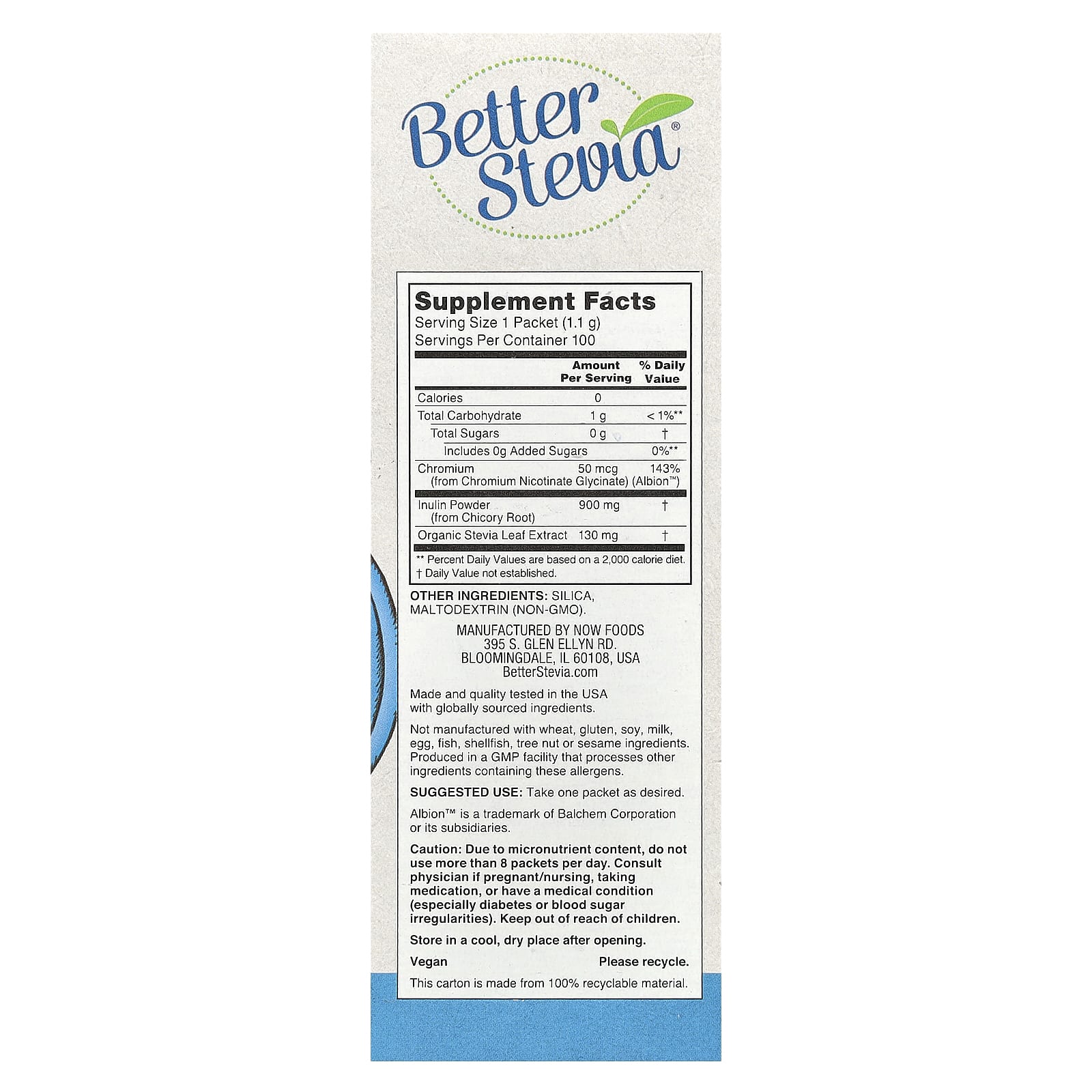 NOW Foods, Better Stevia®, Balance™ with Chromium & Inulin, 100 Packets ...