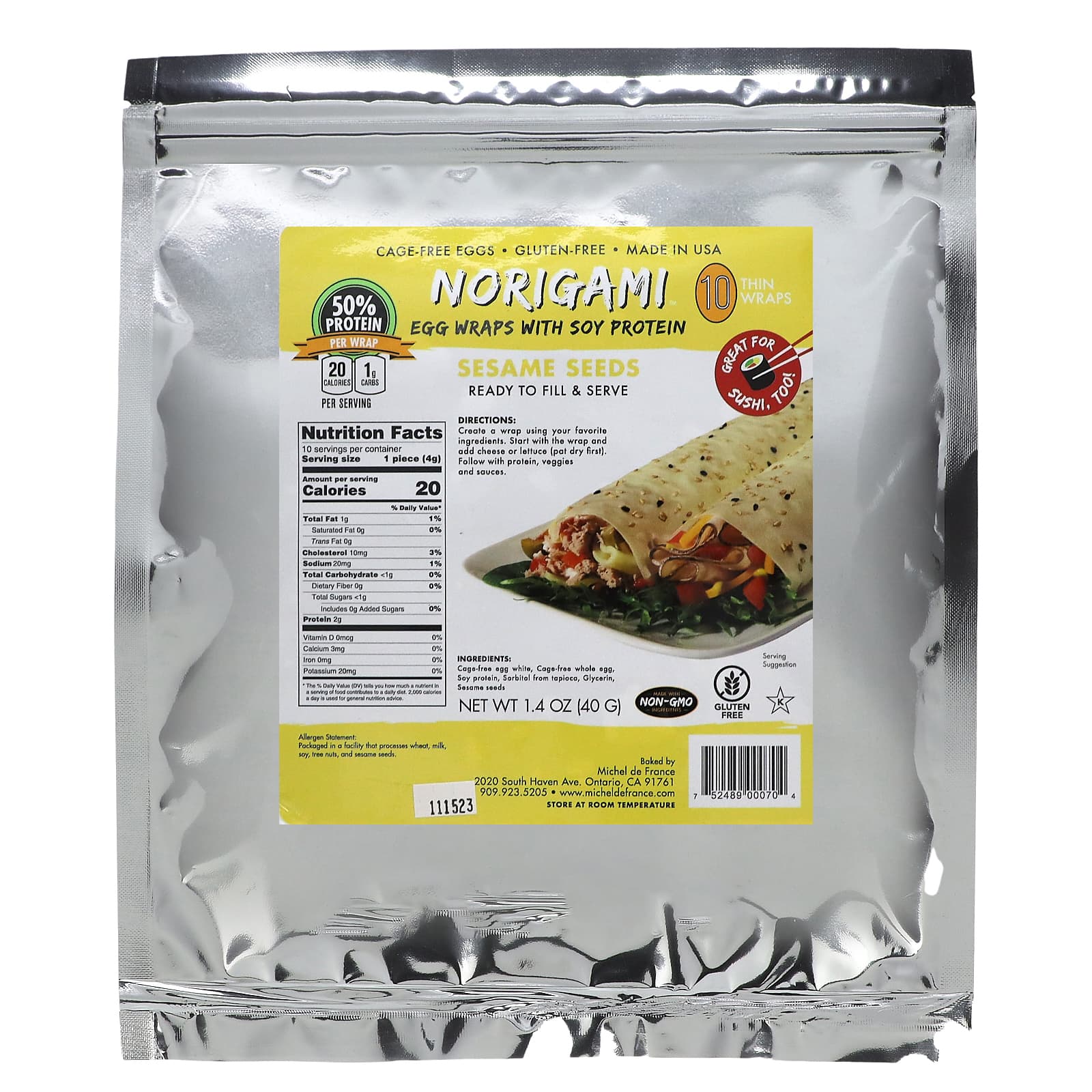 Norigami, Egg Wraps with Soy Protein, Sesame Seeds, 10 Thin Wraps, 1.4 ...