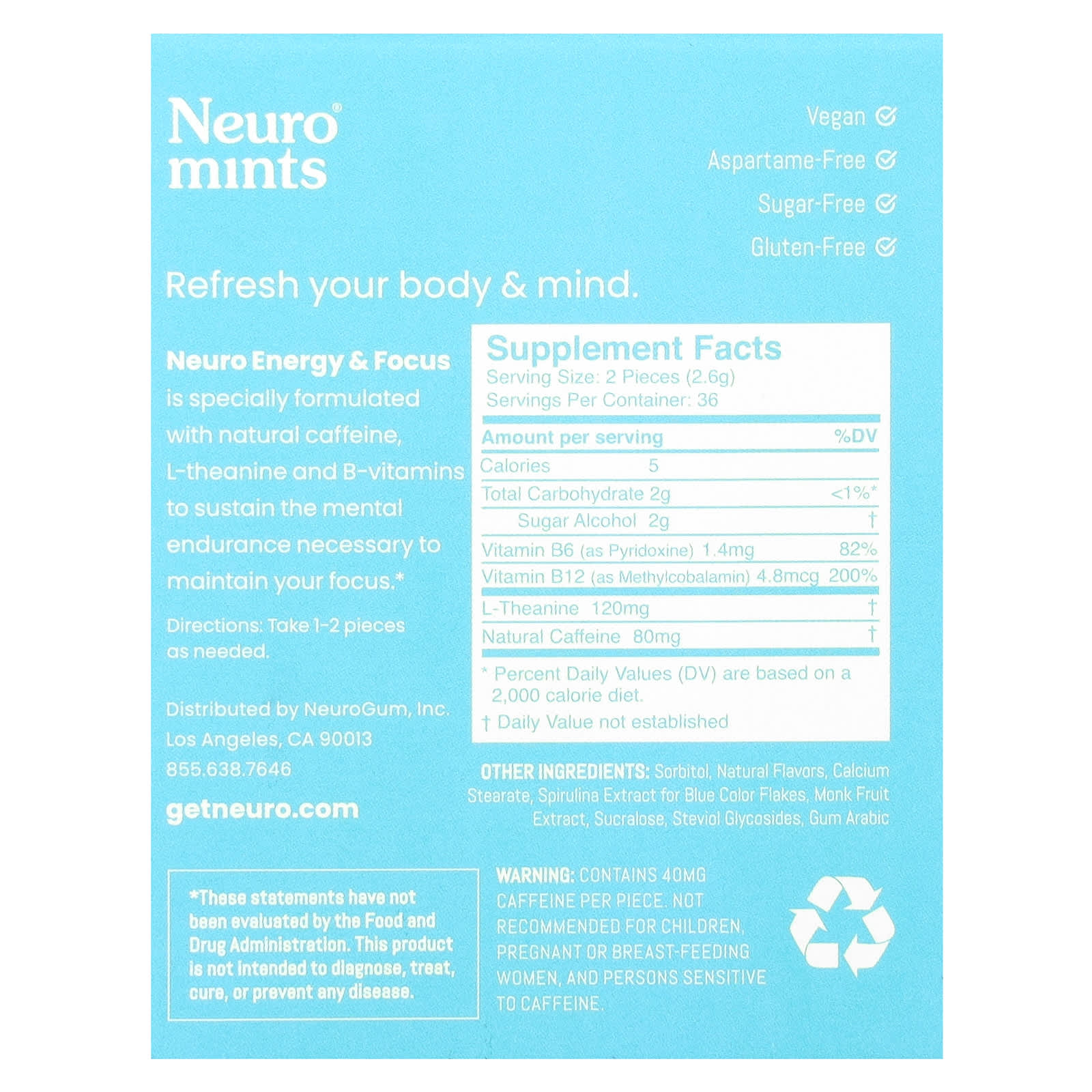 NeuroGum, NeuroMints, Energy & Focus, Peppermint, 6 Pack, 12 Piece Each