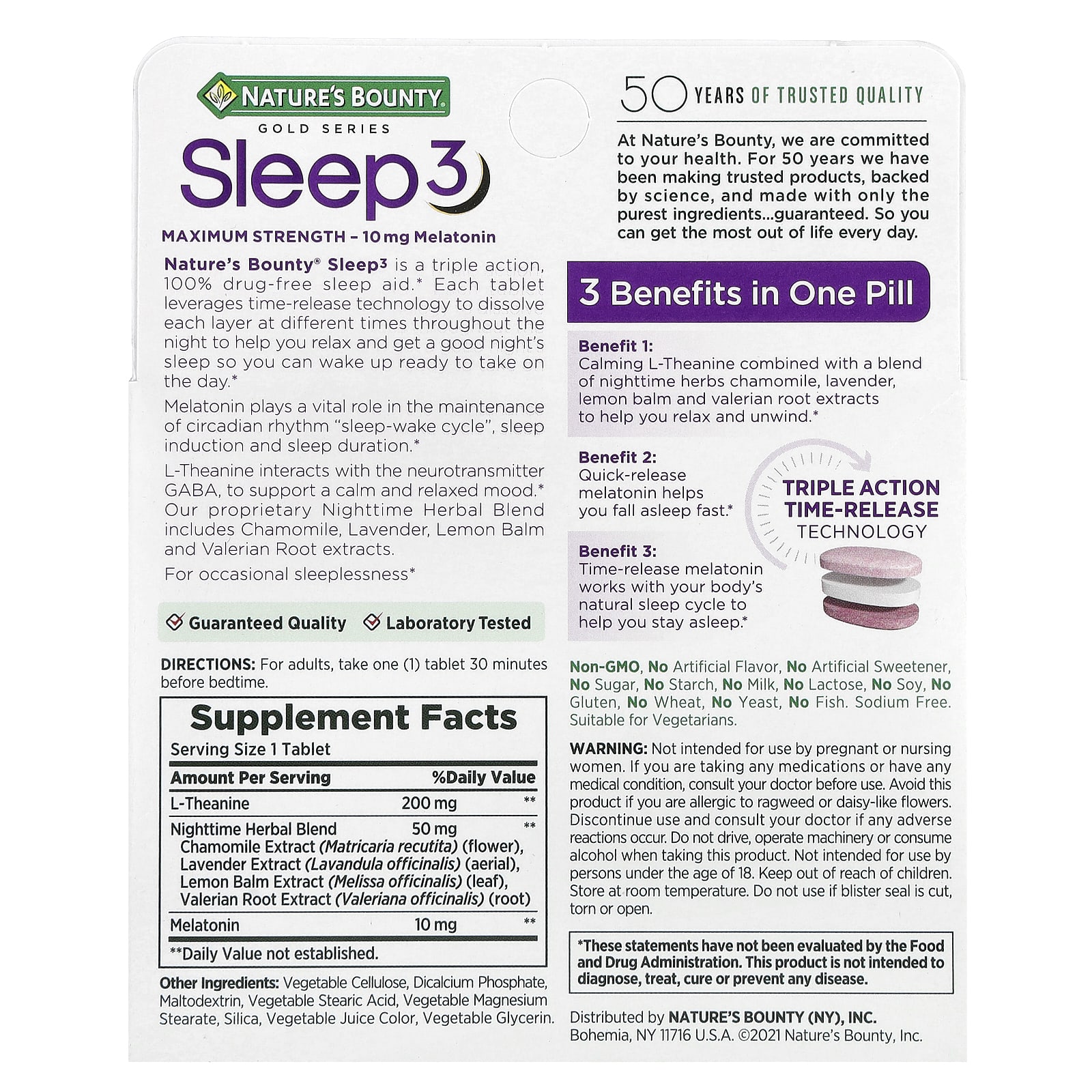 Nature's Bounty, Gold Series, Sleep 3, Maximum Strength, 30 Tri-Layered ...