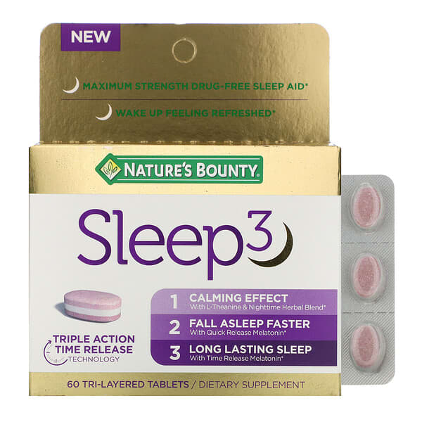 Nature's Bounty, Sleep 3, Maximum Strength, Drug-Free Sleep Aid, 60 Tri ...