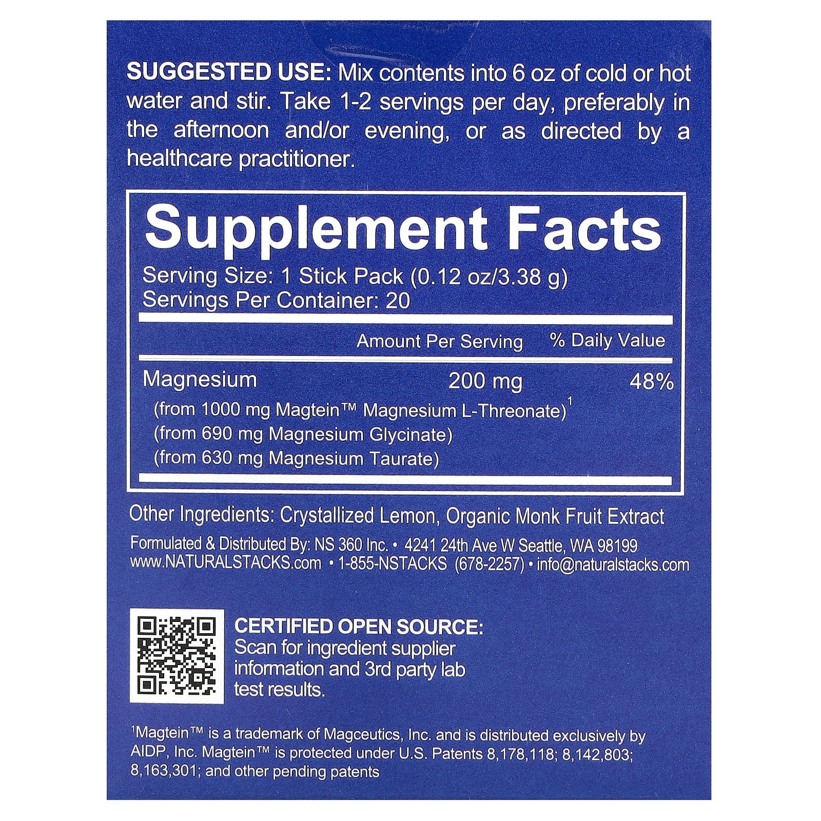 Natural Stacks, MagTech, Magnesium, Lemonade, 20 Stick Packs, 0.12 oz ...