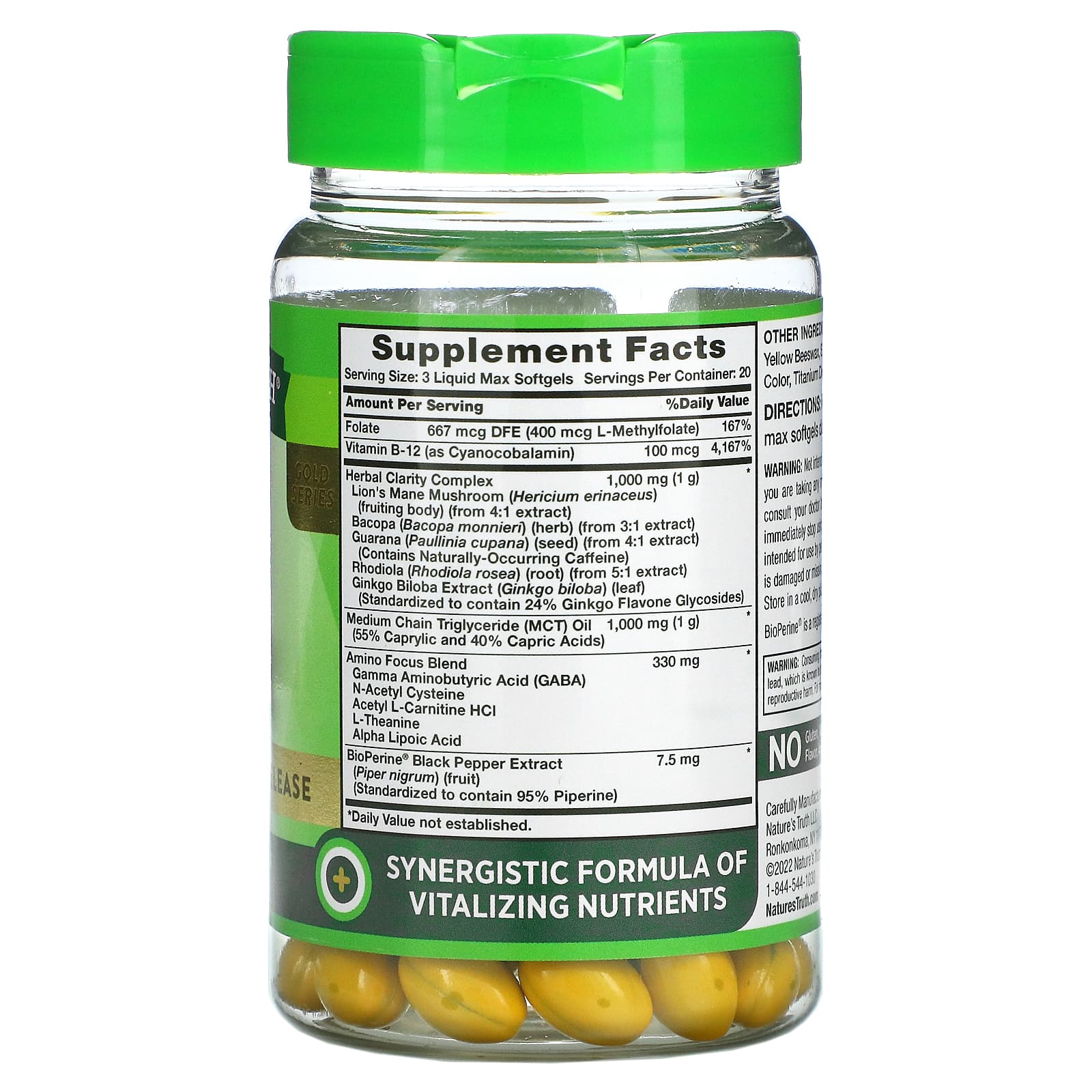 Nature's Truth, Brain Up, With L-Theanine, Bacopa, B-12, MCT, 60 Liquid ...