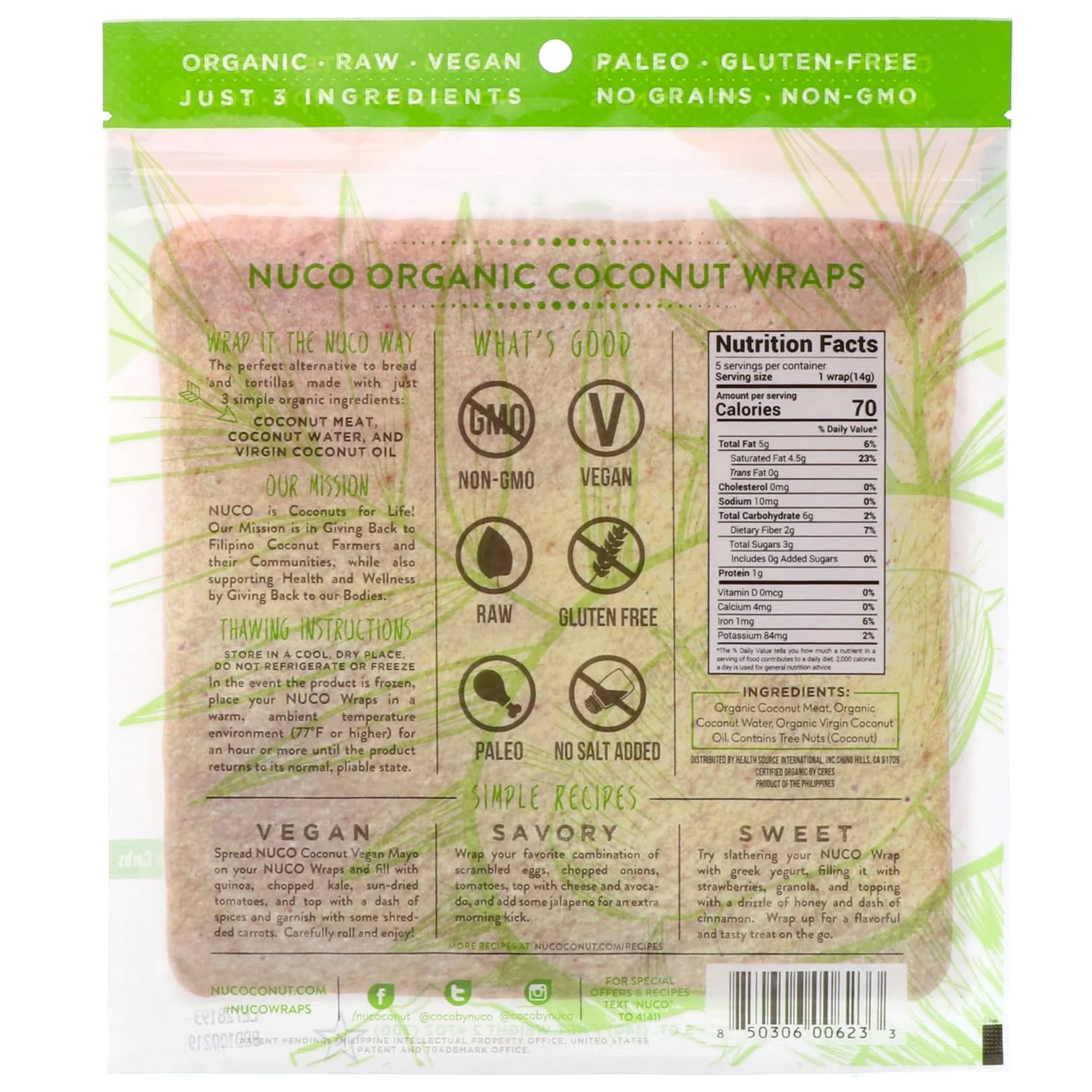 NUCO, Organic Coconut Wraps, Original, 5 Wraps (14 g) Each