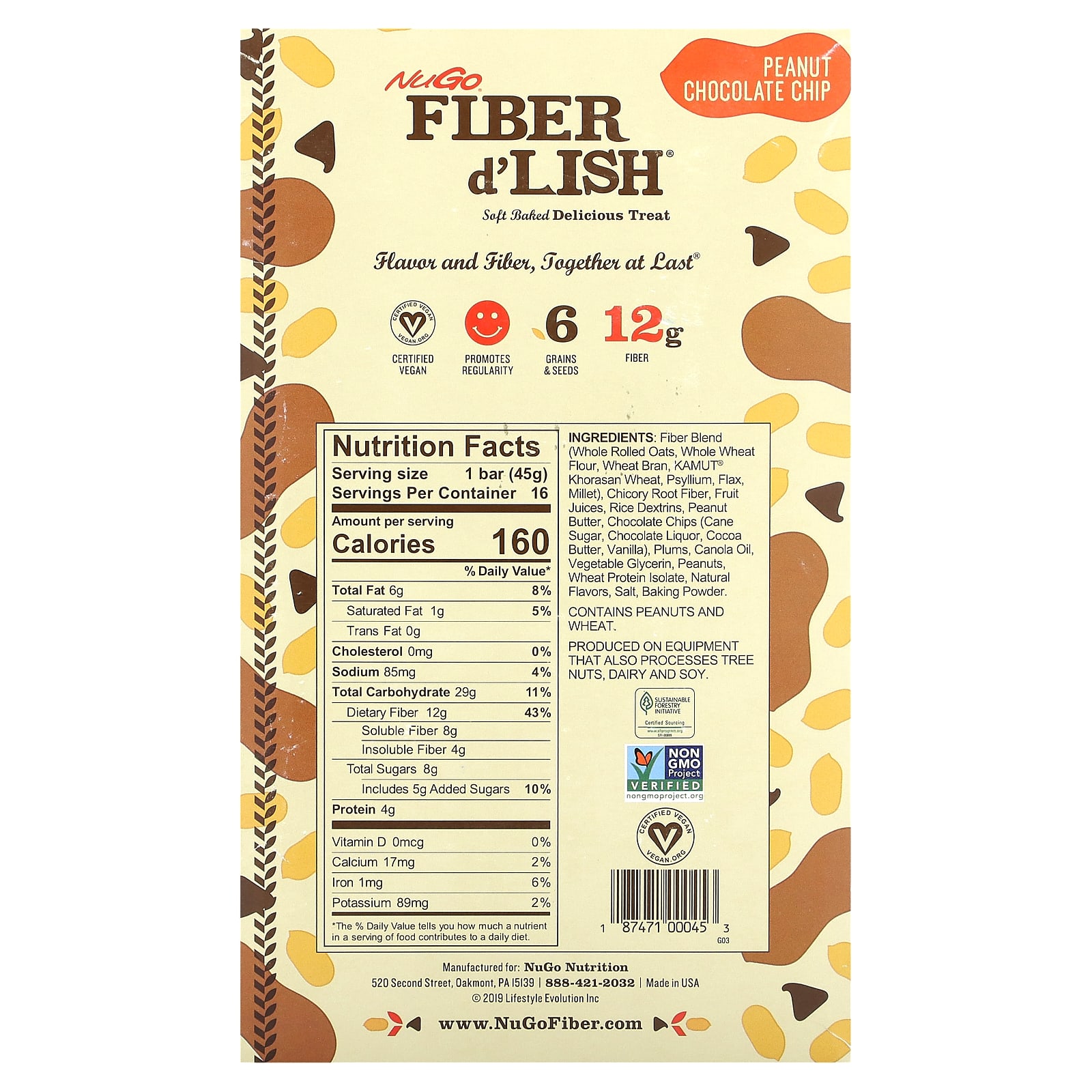 NuGo Nutrition, Fiber d'Lish, Peanut Chocolate Chip, 16 Bars 1.6 oz (45 ...