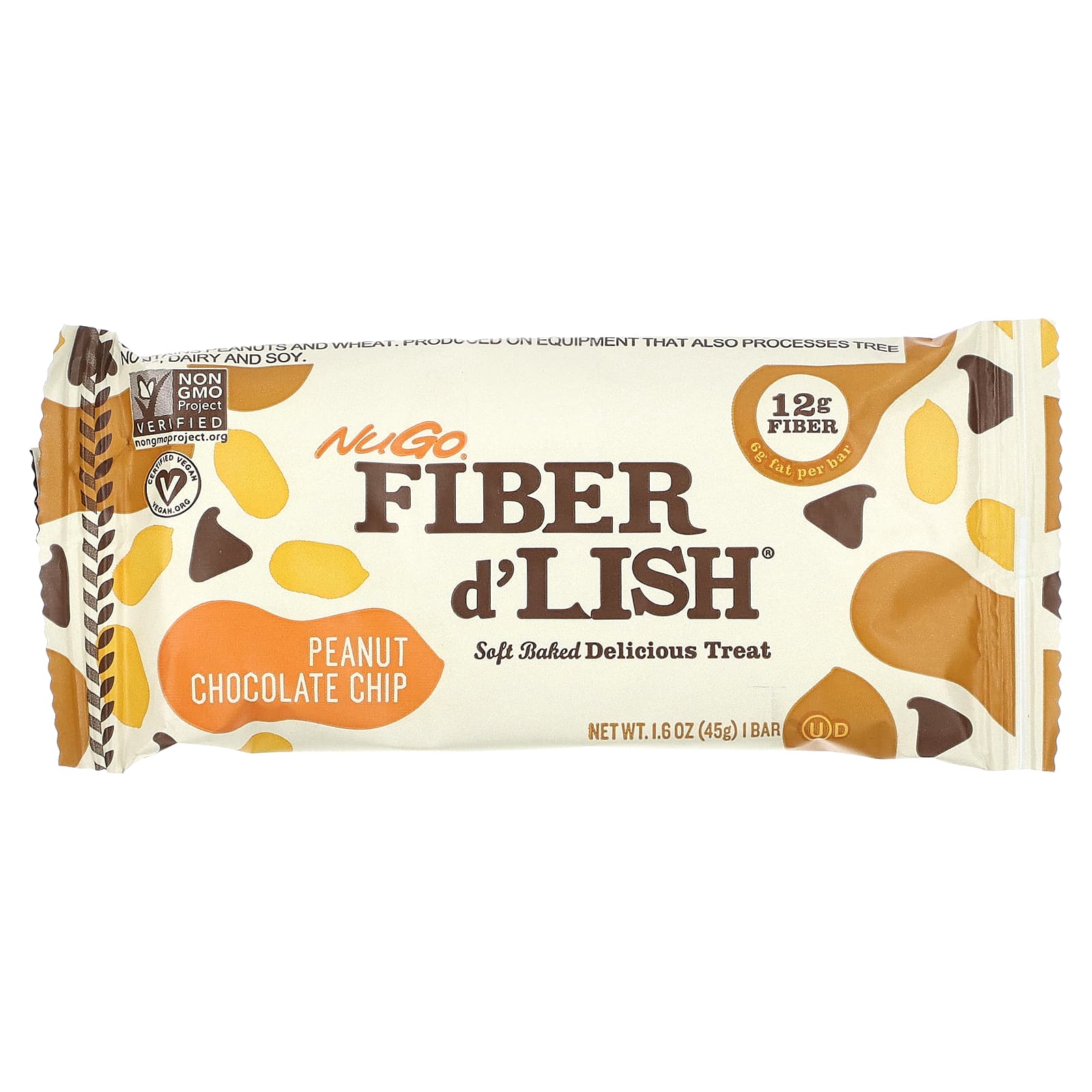 NuGo Nutrition, Fiber d'Lish, Peanut Chocolate Chip, 16 Bars 1.6 oz (45 ...