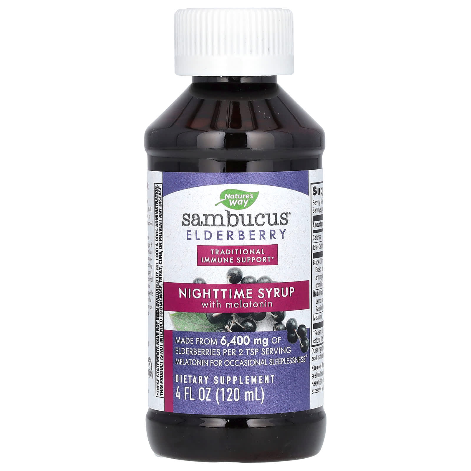 Nature's Way, Sambucus, Nighttime Syrup with Melatonin, Elderberry, 4 ...